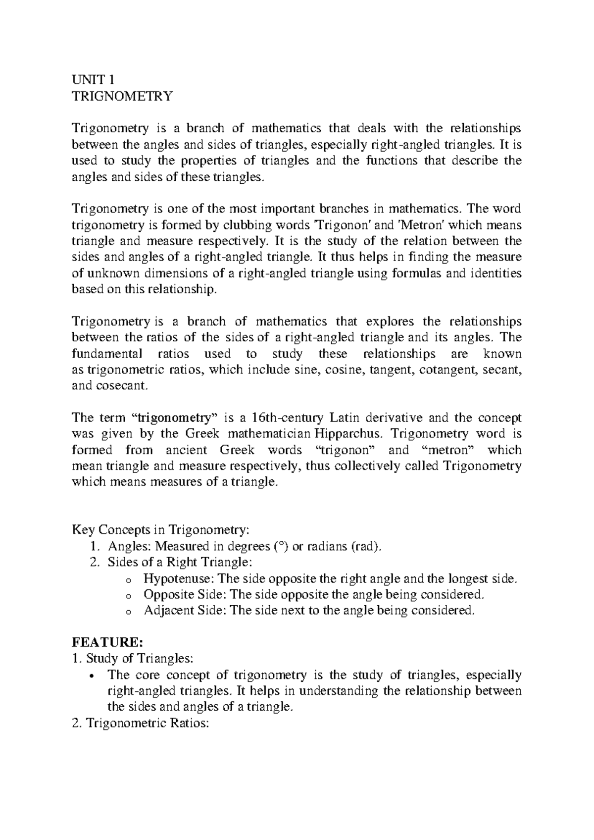 BCA 101: Essential Trigonometry Notes for Students - Studocu