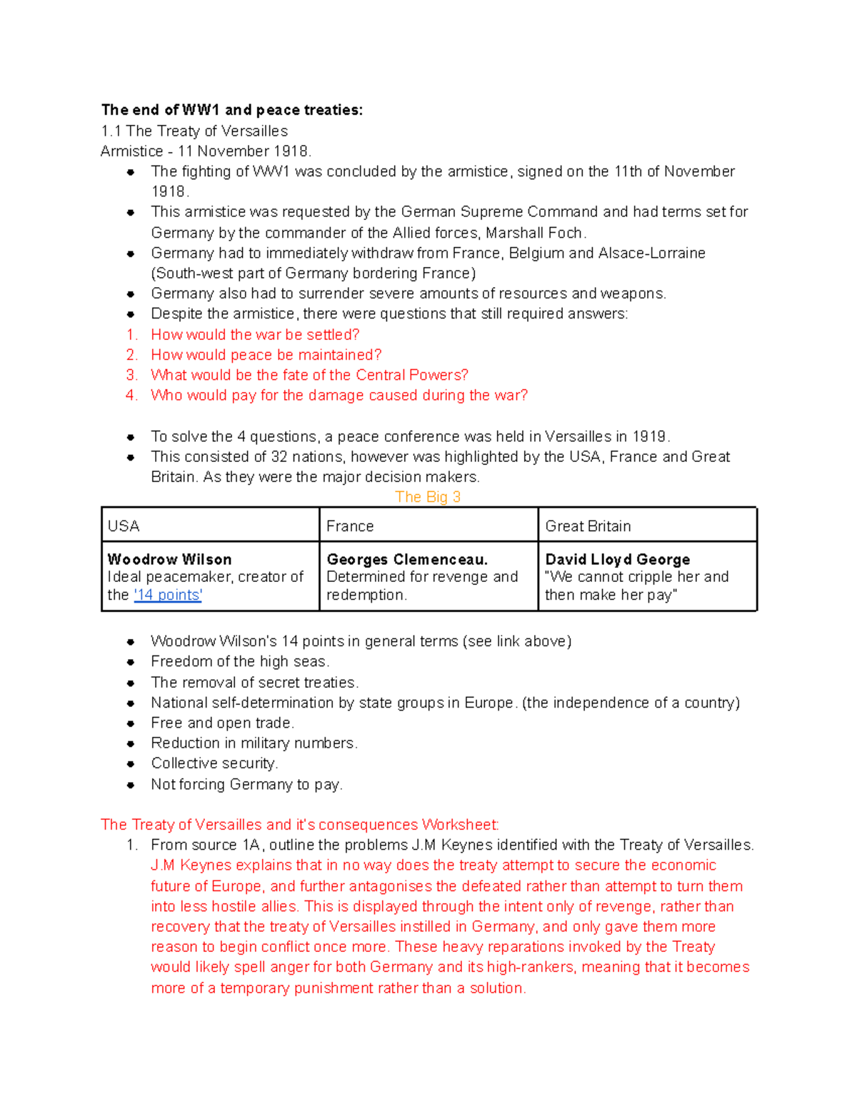 All year 12 modern - All topics - The end of WW1 and peace treaties: 1 ...