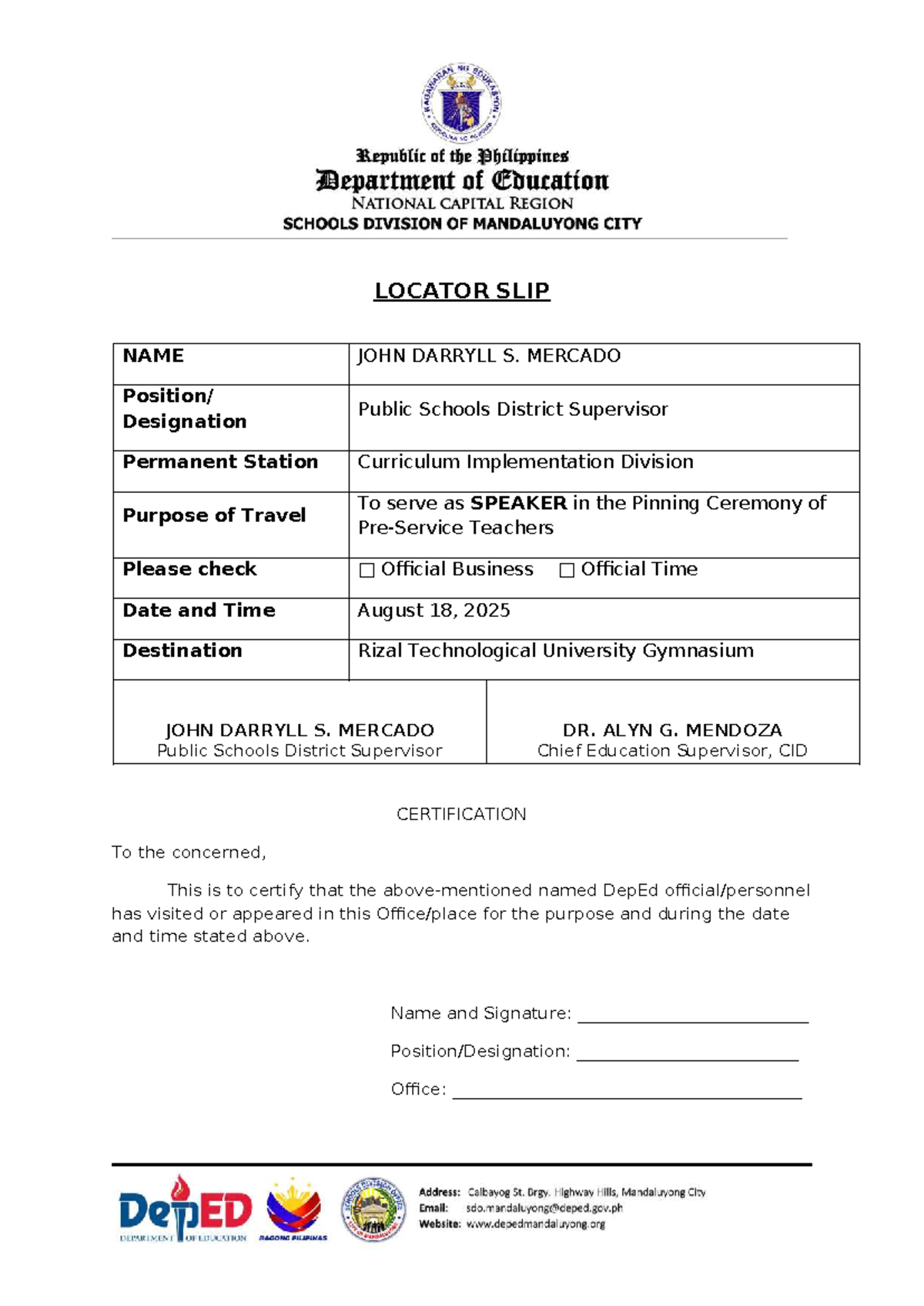Locator Slip - LOCATOR SLIP NAME JOHN DARRYLL S. MERCADO Position ...