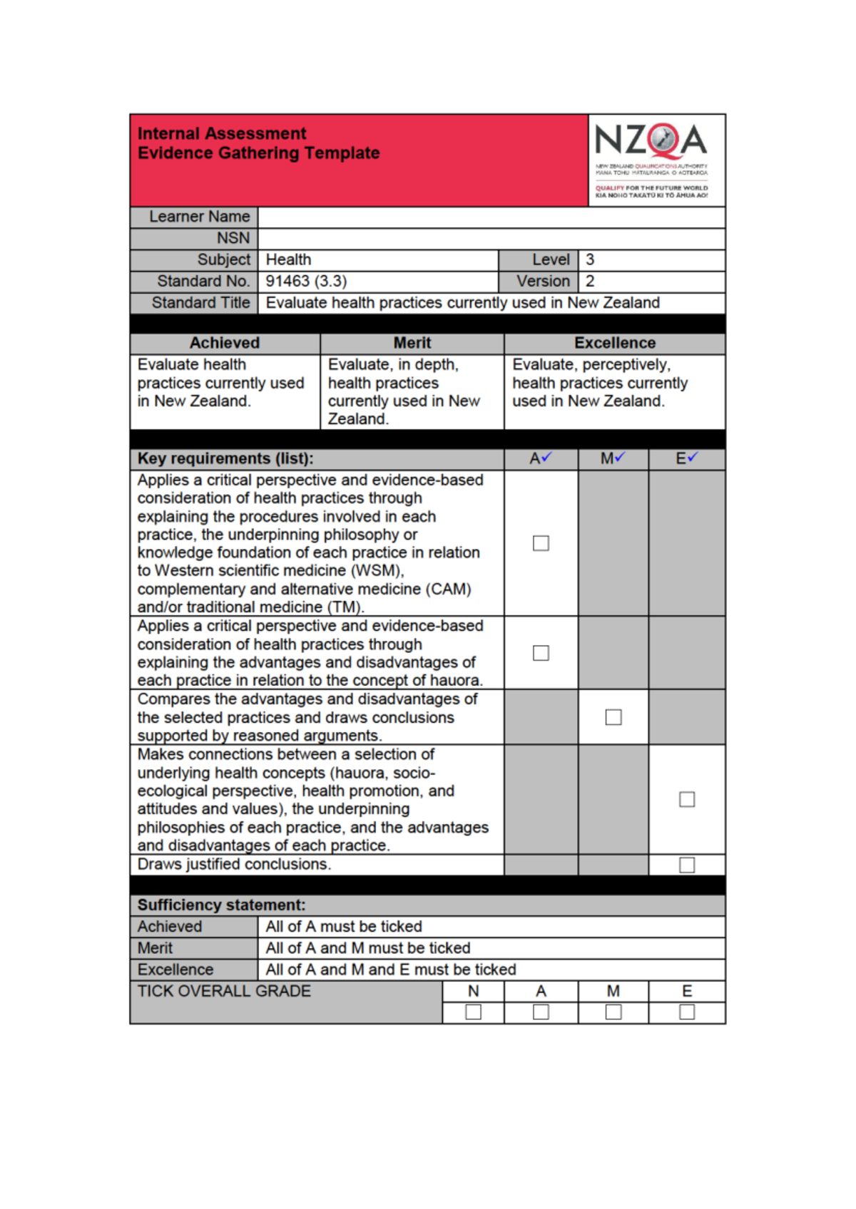 Health Level 3 Internal Assessment NZ A Evidence Gathering Template ...