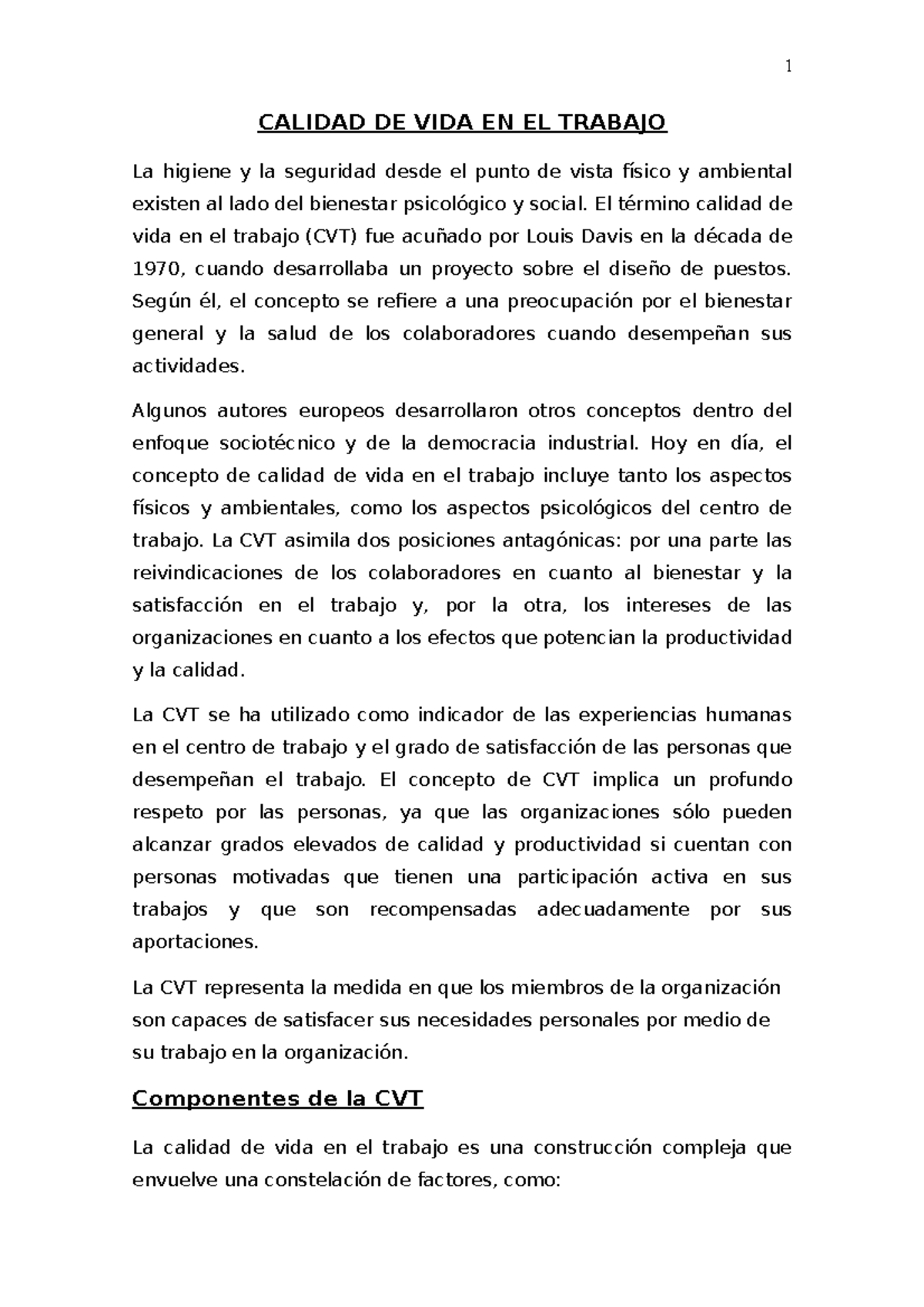 Calidad de vida en el Trabajo - CALIDAD DE VIDA EN EL TRABAJO La ...