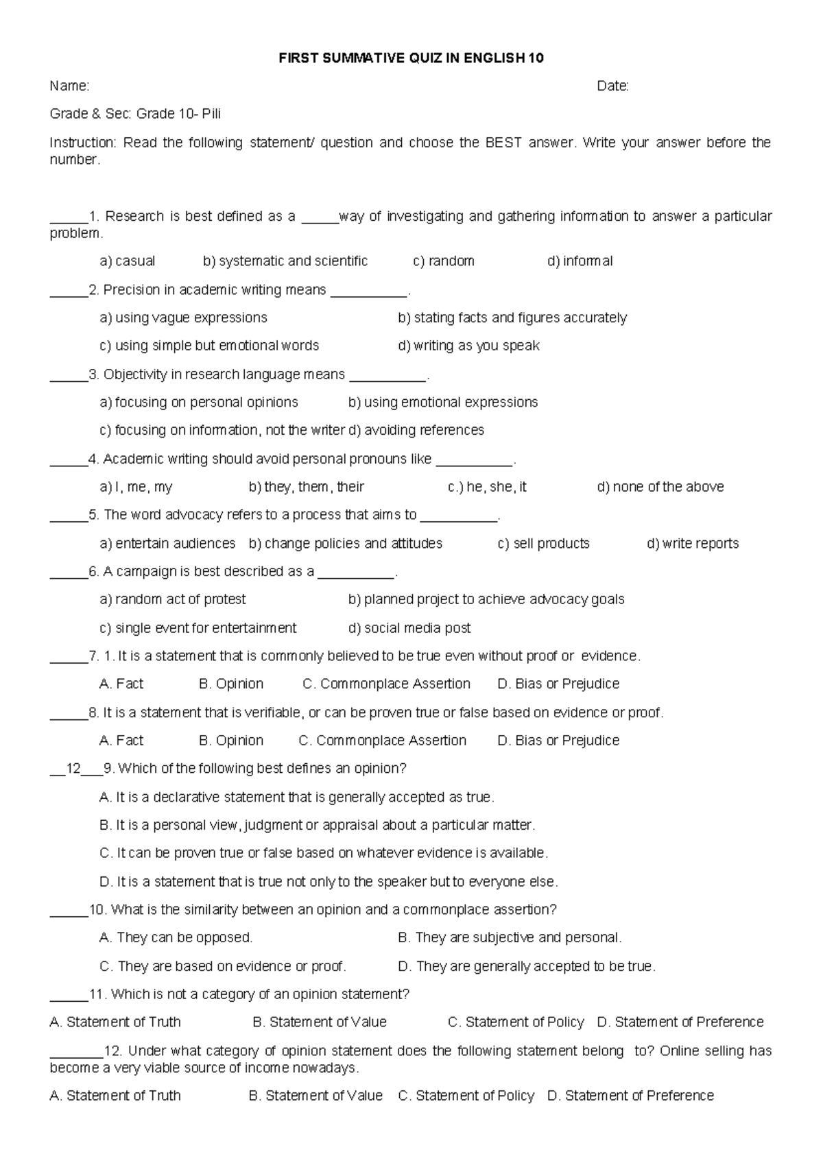 ENGLISH 10 FIRST SUMMATIVE QUIZ: Key Concepts & Definitions - Studocu