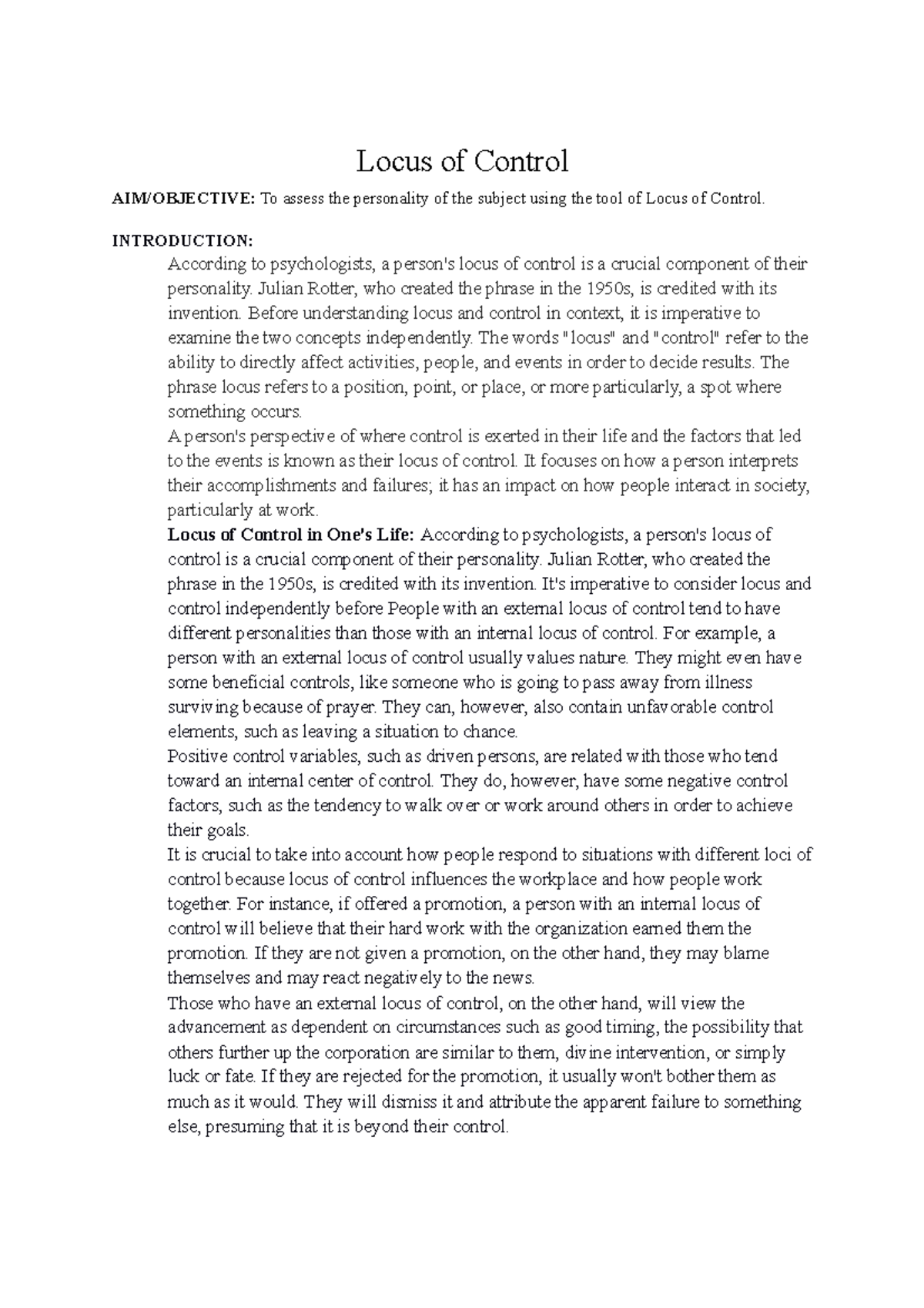 MPC7 Practical 4: Understanding Locus of Control in Personality - Studocu