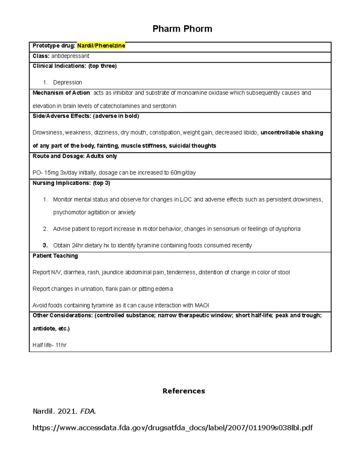 Pharm Pharm Med Card: Nardil (Phenelzine) Antidepressant Overview - Studocu