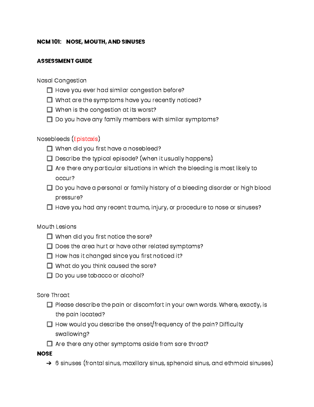 NCM 101: RLE Assessment Guide for Nose, Mouth, and Sinuses - Studocu
