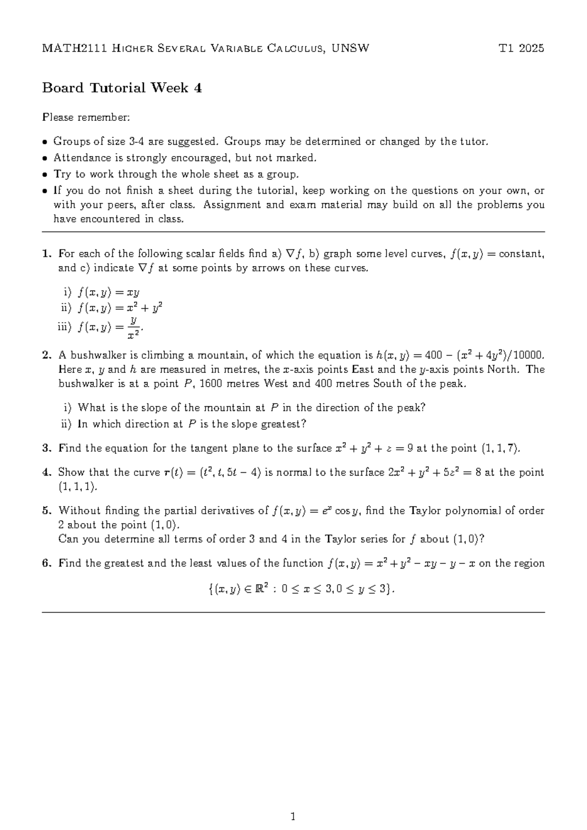 Higher Several Variable Calculus, UNSW T1 2025 BT04 - Week 4 Tutorial ...