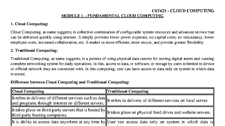 CST423 Cloud Computing: Module 1 - Fundamentals and Paradigms - Studocu
