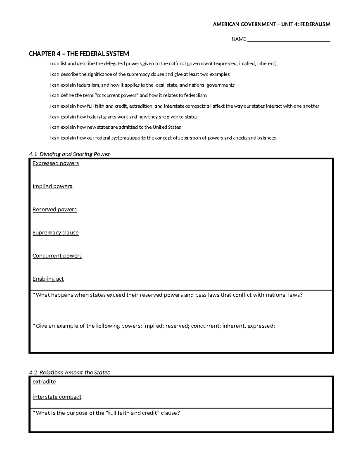 AMERICAN GOVERNMENT UNIT 4 STUDY GUIDE: FEDERALISM OVERVIEW - Studocu
