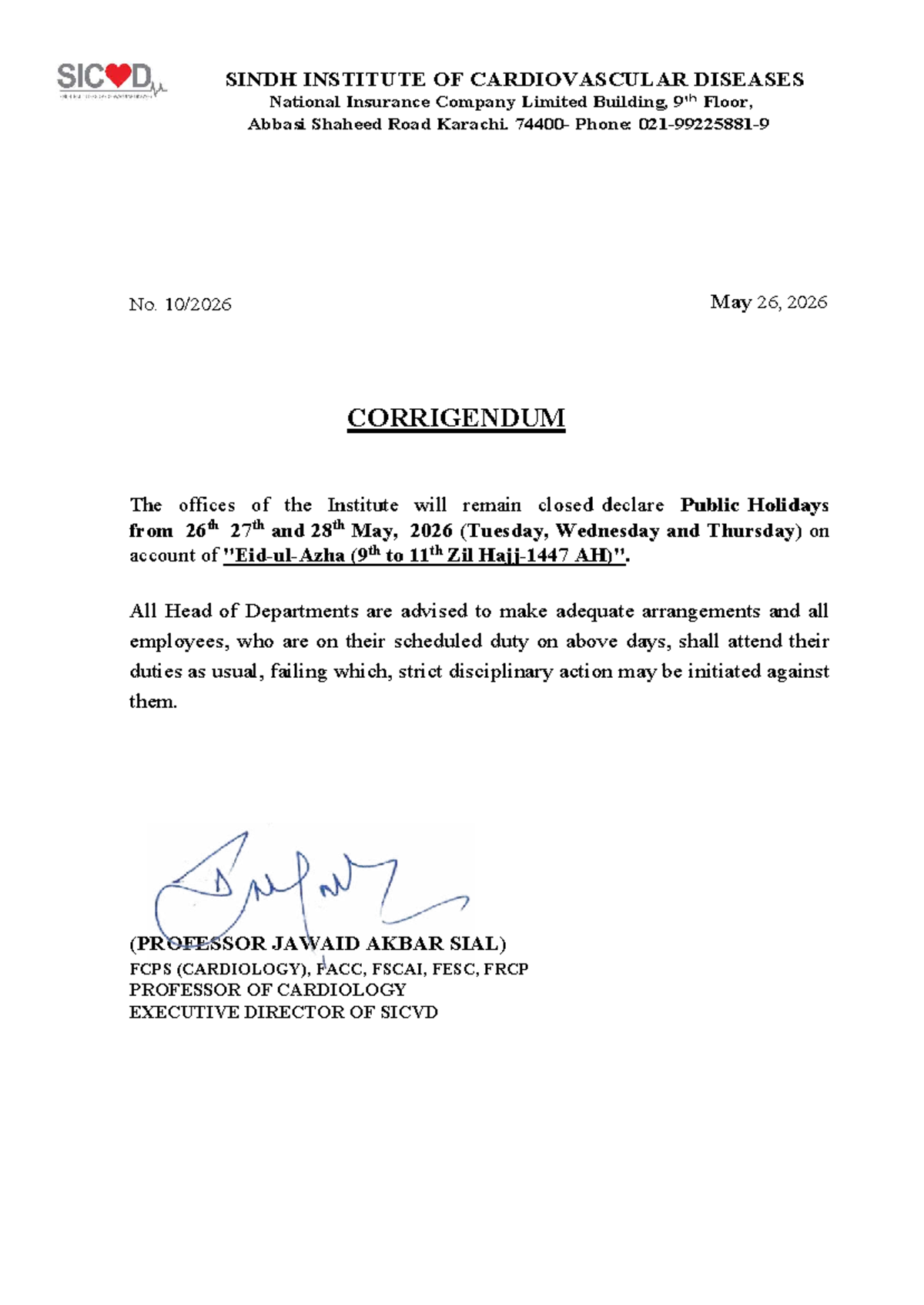 Hospital Order: Eid ul Azha 2026 - SICVD Notice - Studocu
