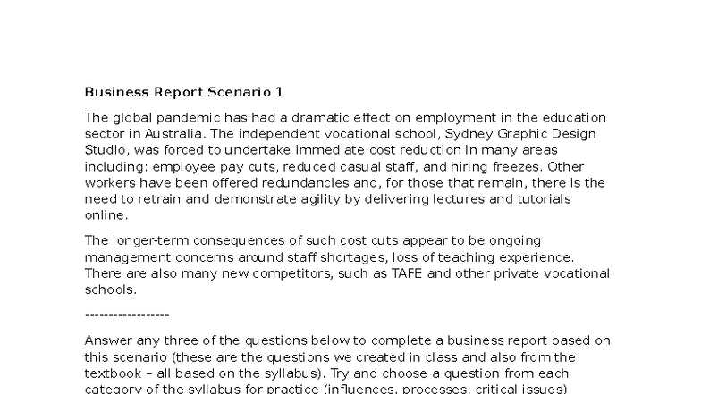 Business Report Practice Scenario 1 - Business Report Scenario 1 The ...