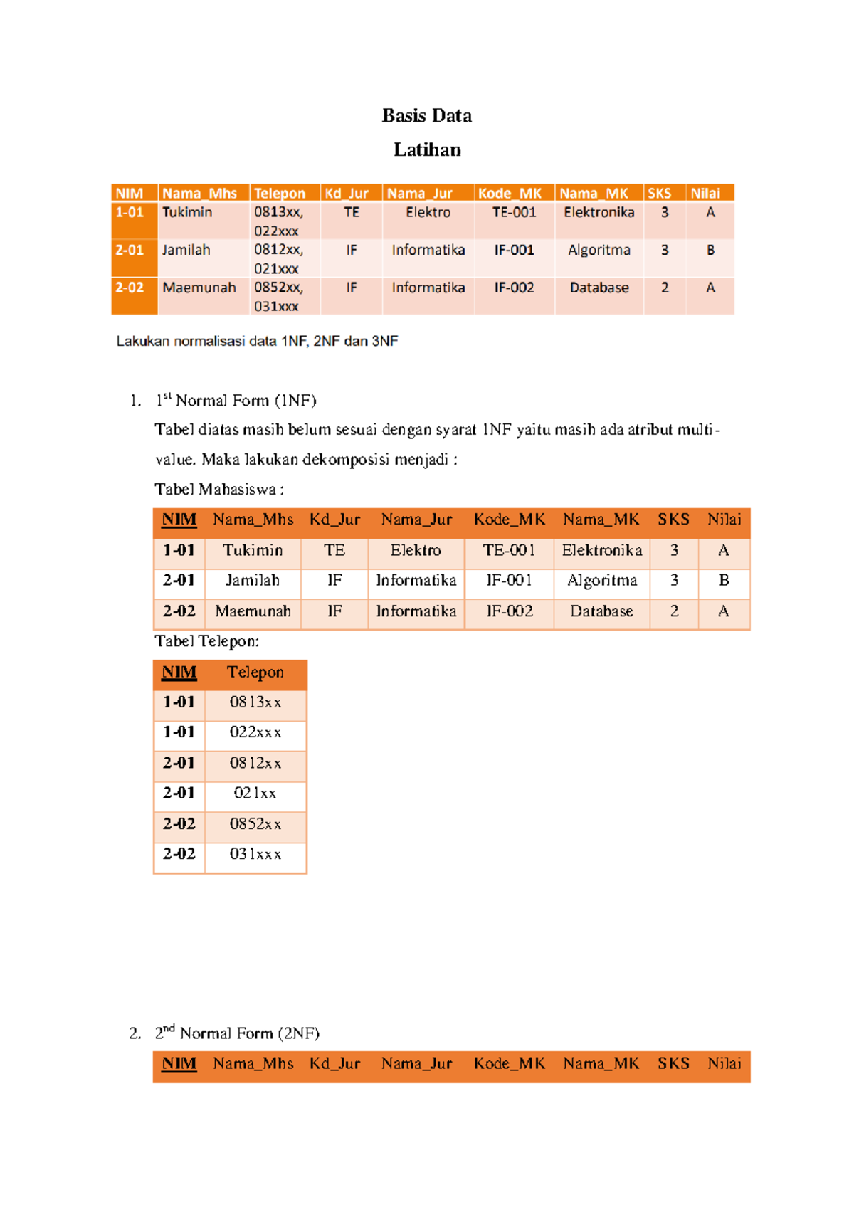 Latihan Normalisasi Data: 1NF, 2NF, dan 3NF pada Basis Data - Studocu