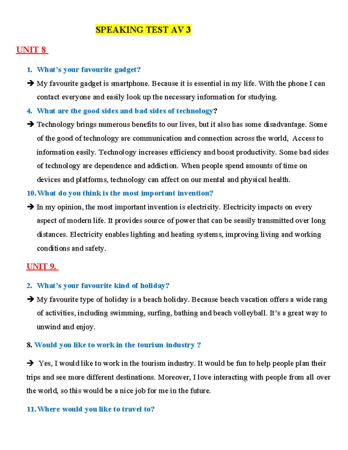 Speaking TEST AV 3 - SPEAKING TEST AV 3 UNIT 8 1. What’s your favourite ...