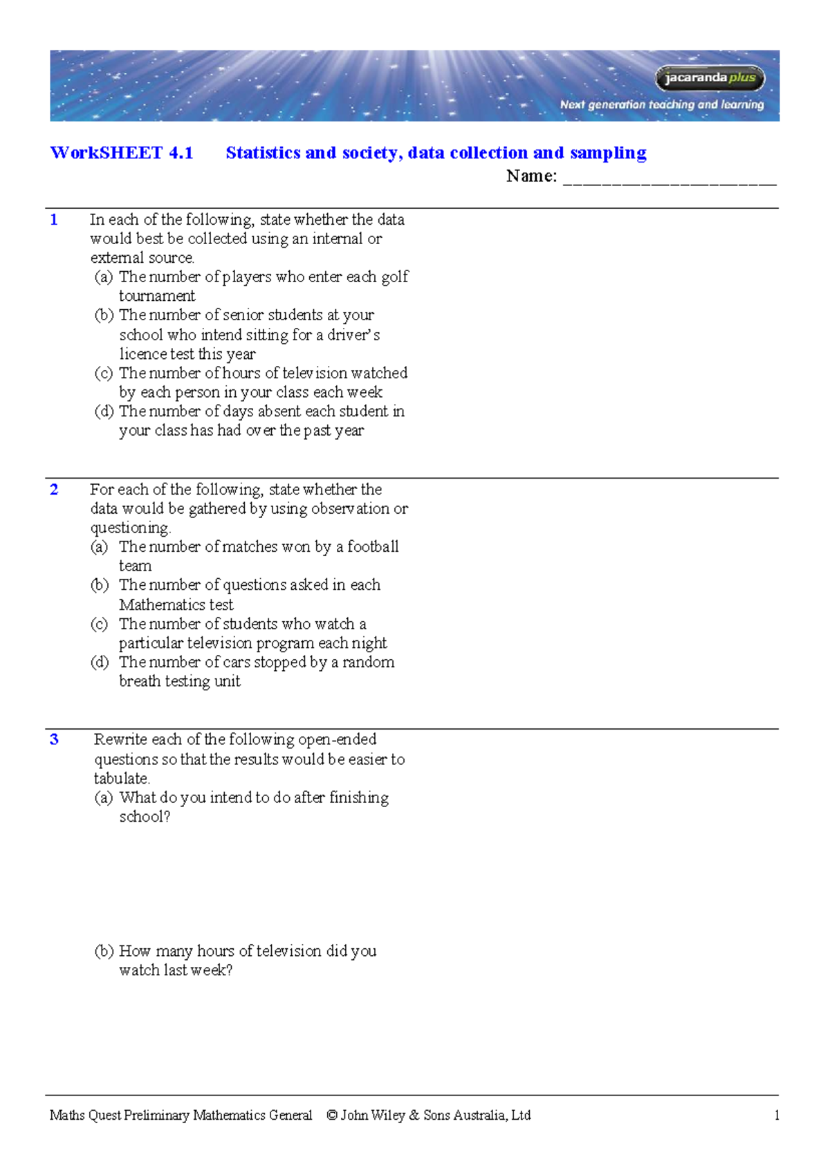 Worksheet 4.1: Data Collection & Sampling in Statistics - Studocu