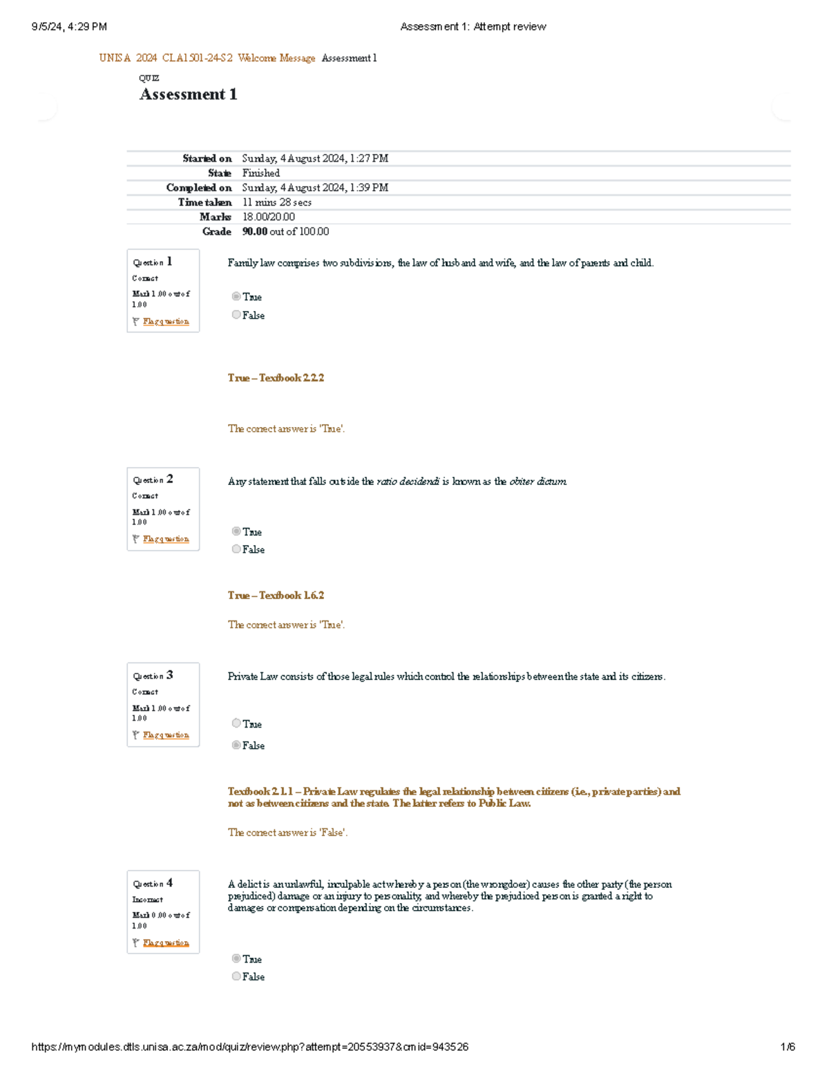 CLA1501 Assessment 1 Attempt review - Question 1 Correct Mark 1 out of ...