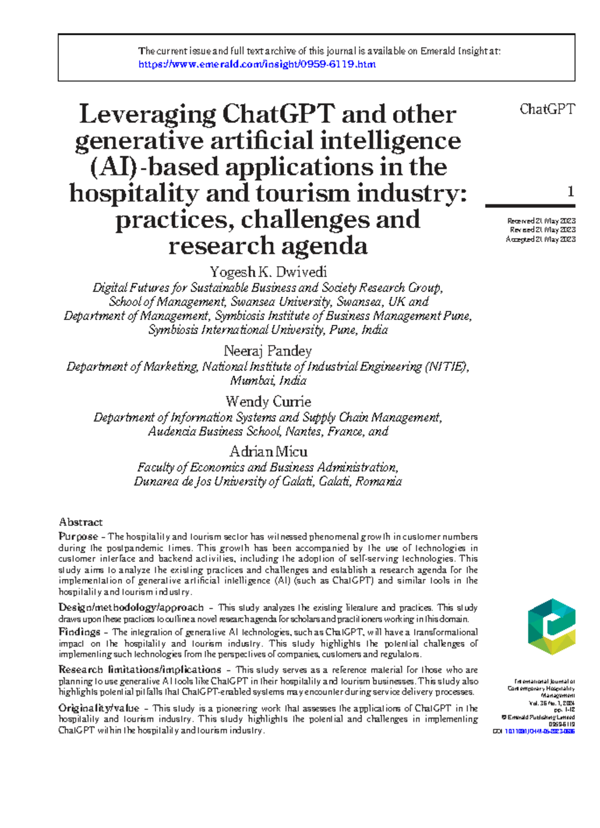 Leveraging ChatGPT in Hospitality & Tourism: Practices, Challenges ...