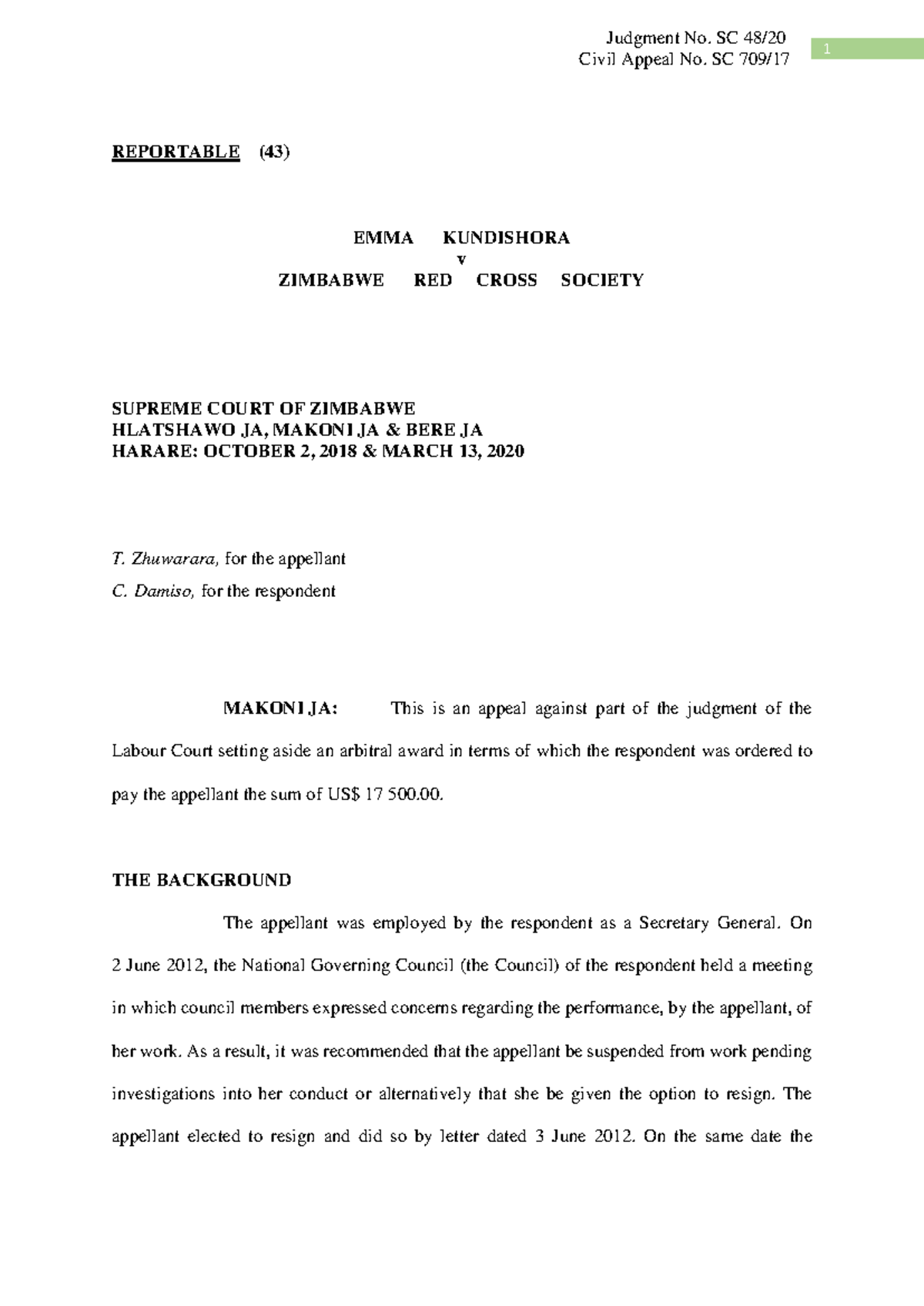 2020-zwsc-48 - Case Study on Emma Kundishora v Zimbabwe Red Cross ...