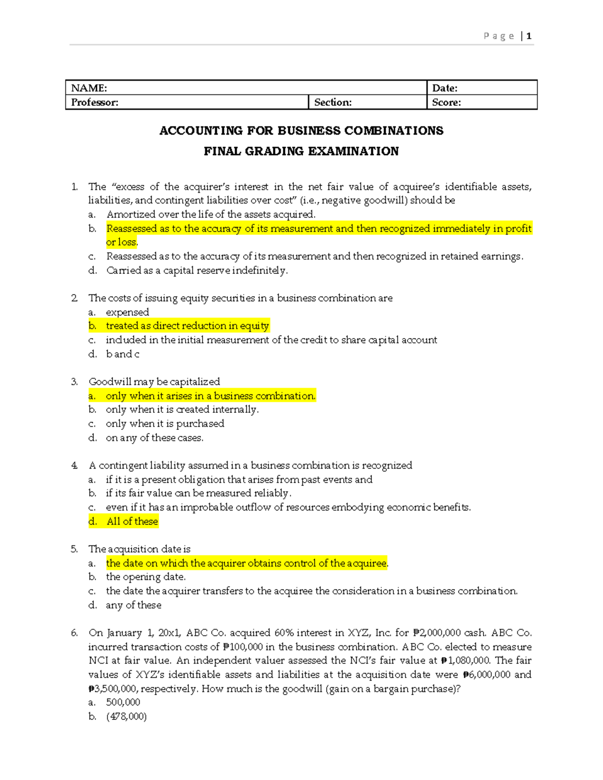 Final Exam Review for Accounting 101: Business Combinations - Studocu