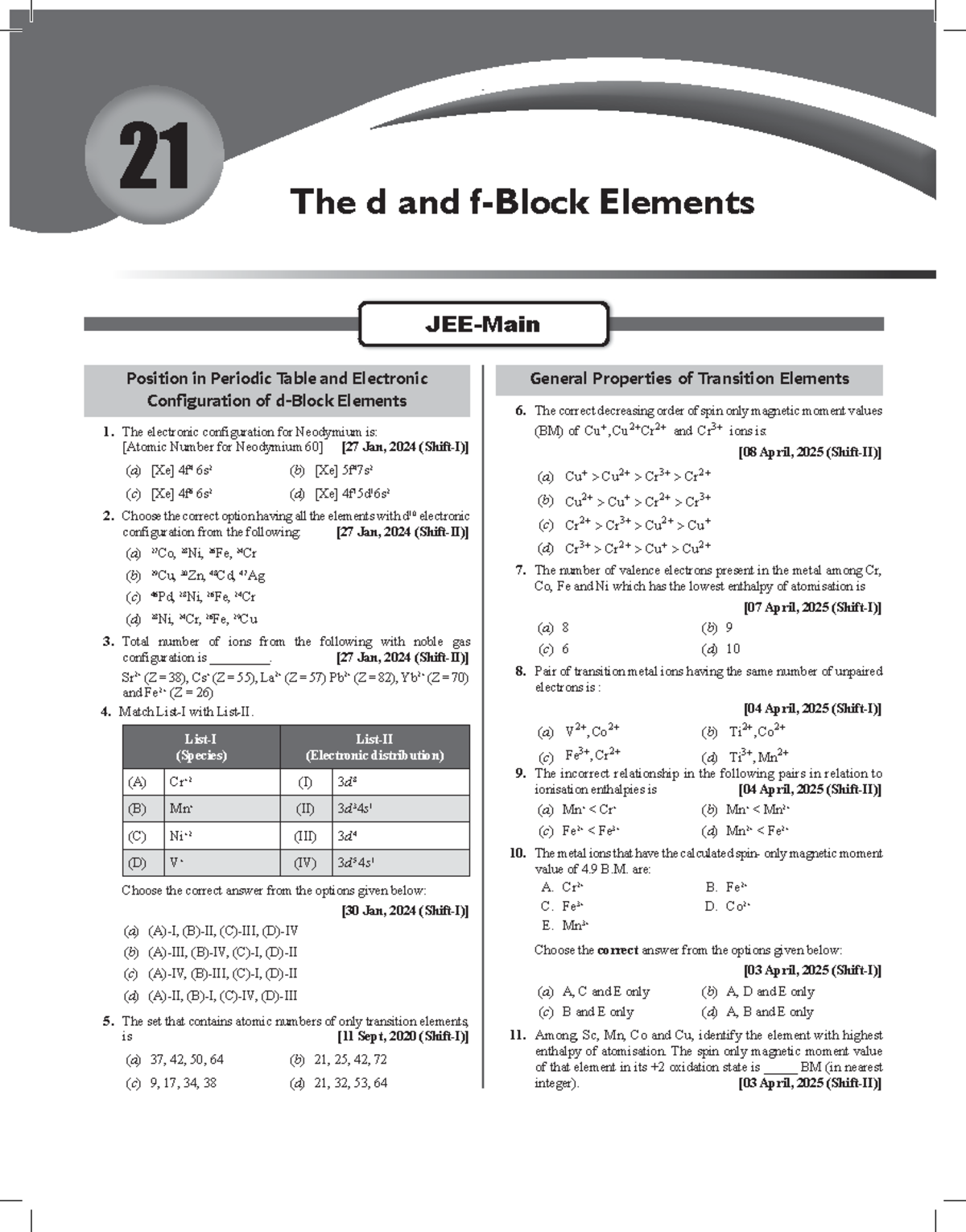 Dand F Block Elements: PYQs Assignment for JEE Main and Advanced - Studocu