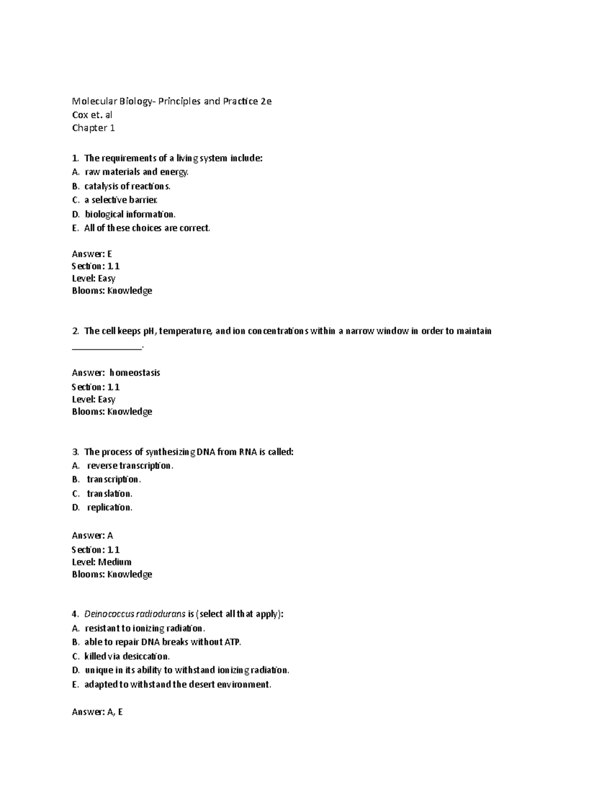 Molecular Biology 2e - Chapter 1 Study Notes and Answers - Studocu