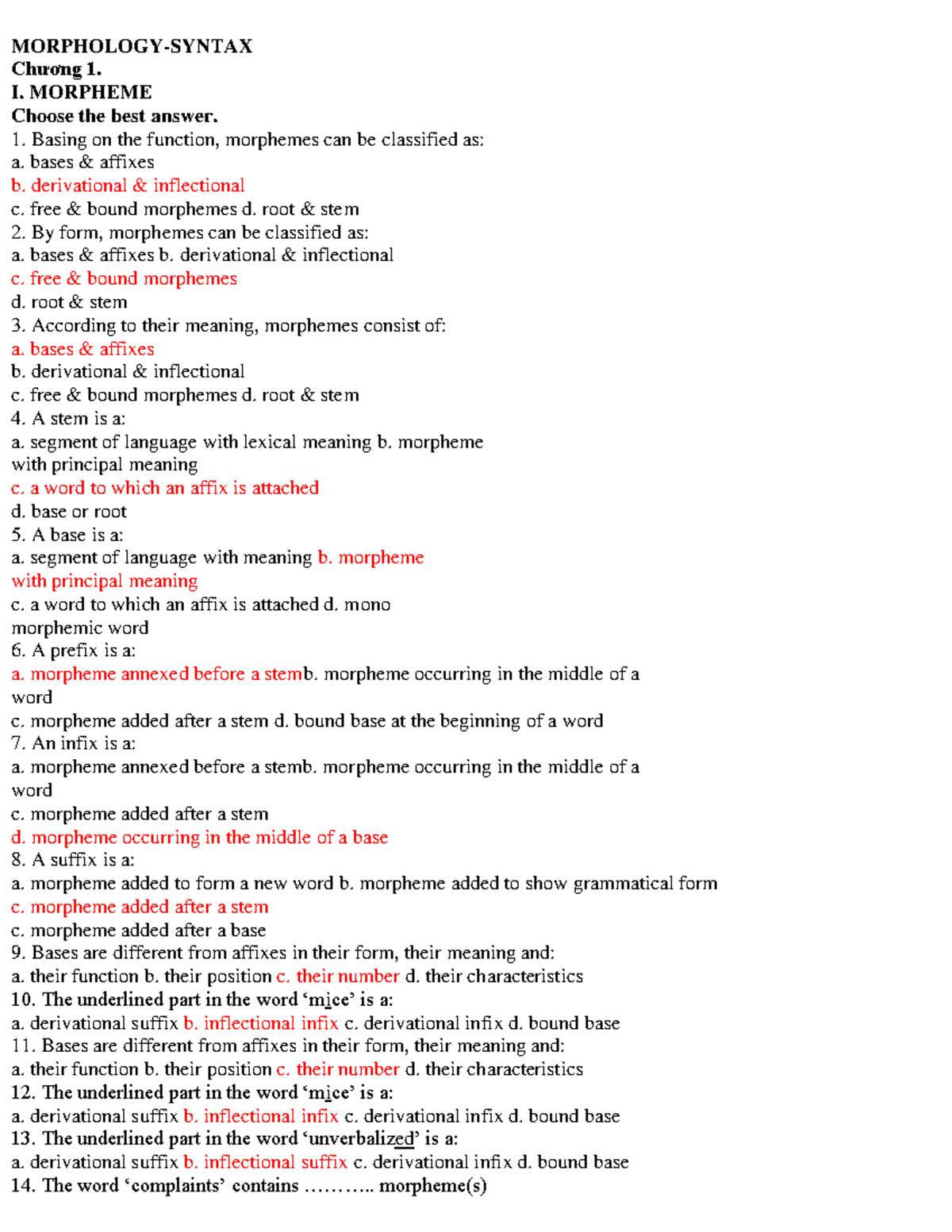 TỔNG HỢP - Trắc nghiệm về Morphology-Syntax (MVL101) - Studocu