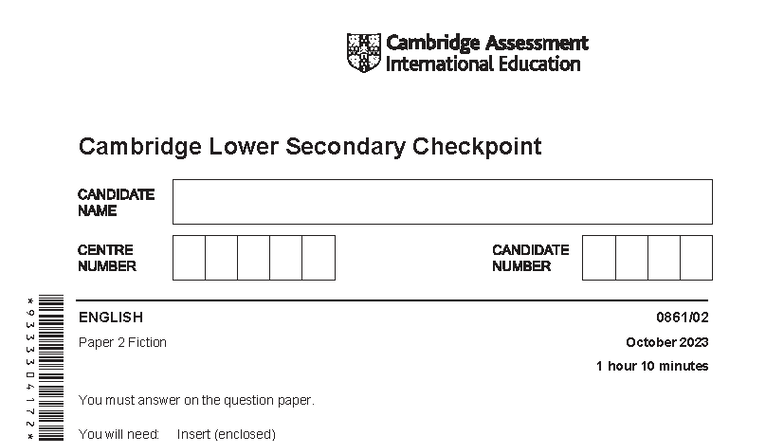 Cambridge Lower Secondary Checkpoint ENGLISH Paper 2 Fiction - Oct 2023 ...