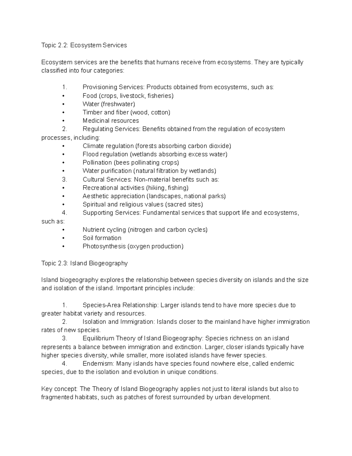 Unit 2 APES notes - Topic 2: Ecosystem Services Ecosystem services are ...