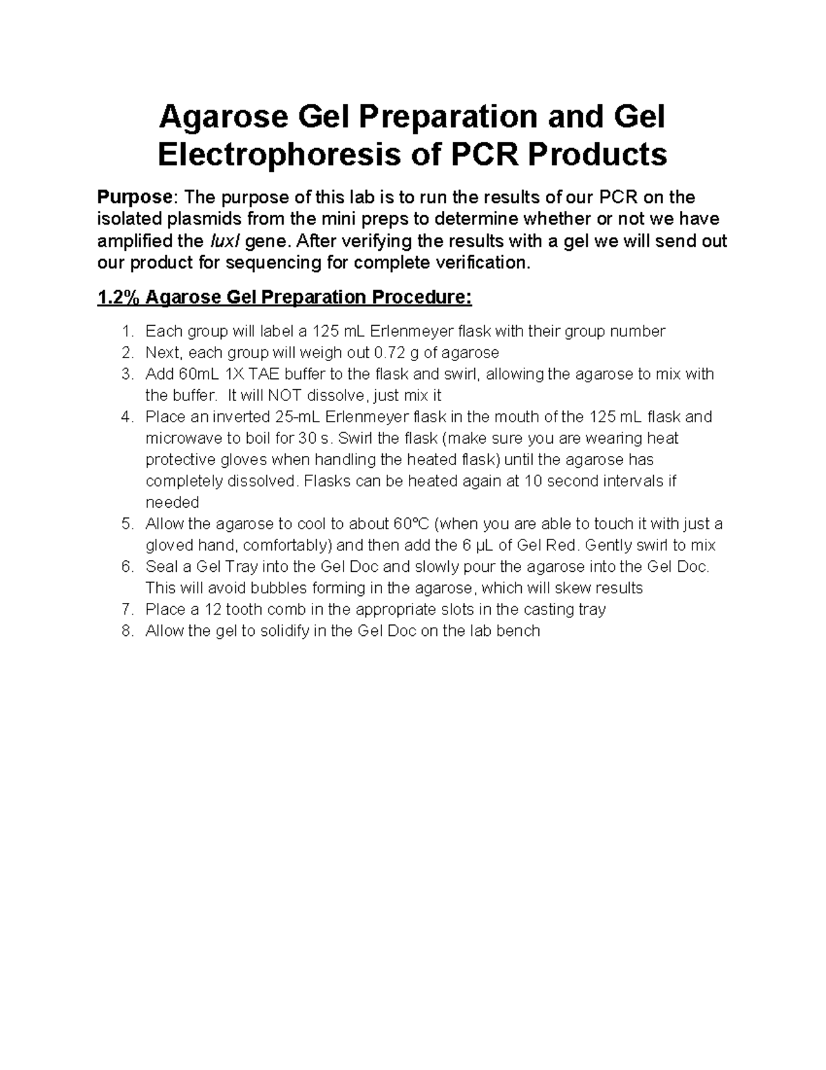 Agarose Gel Electrophoresis Lab for PCR Products Analysis - Studocu