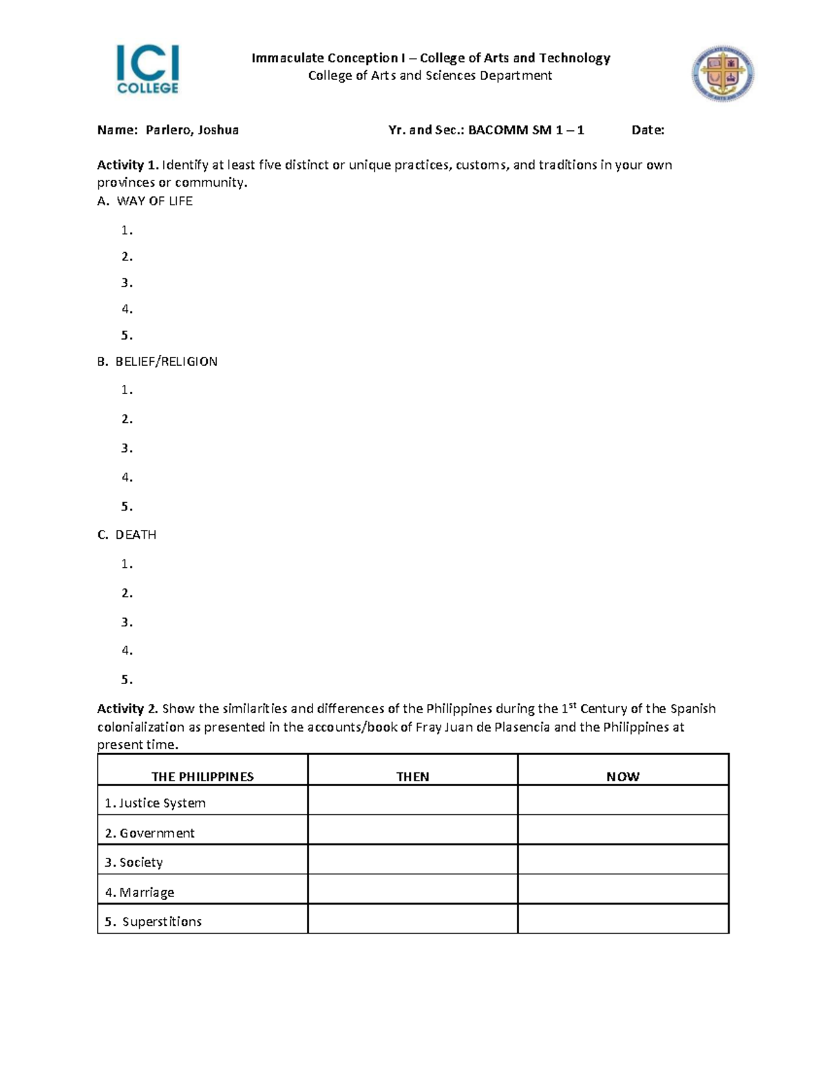 Lesson 3 Activity: Customs of the Tagalogs in BACOMM SM 1 1 - Studocu