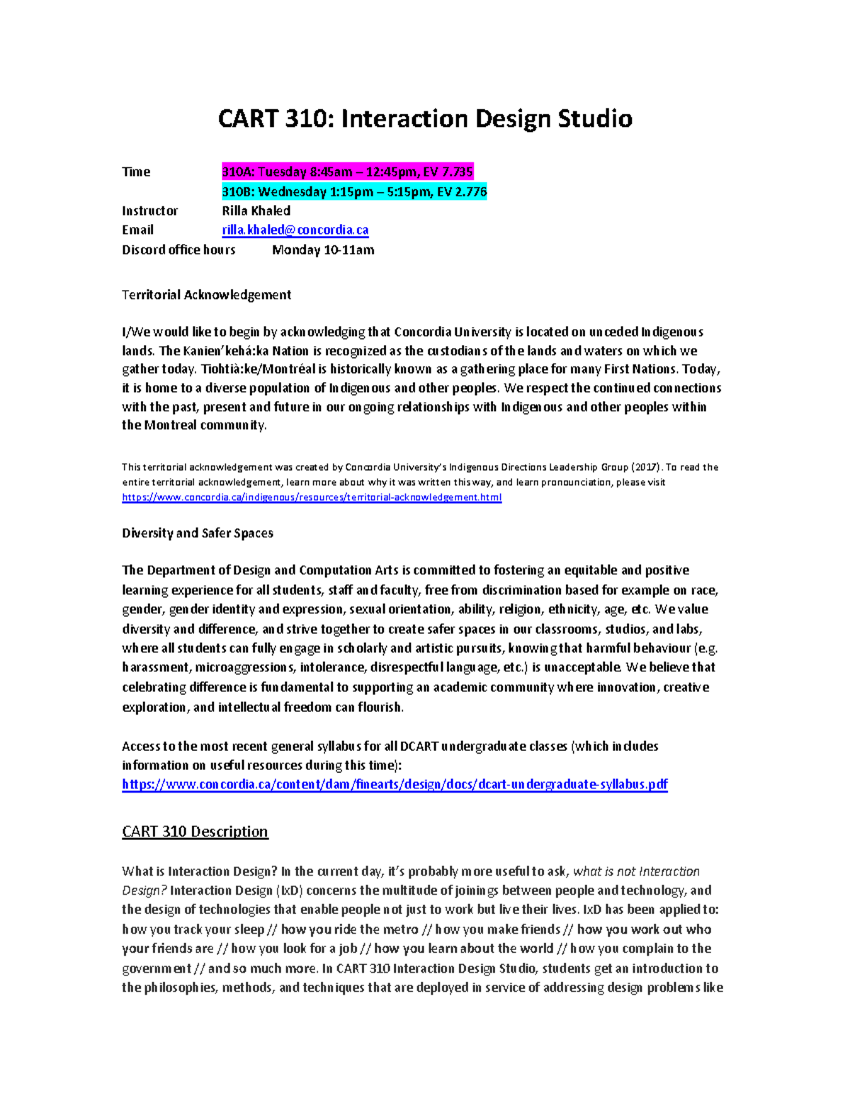 CART 310: Interaction Design Studio Course Outline 2026 - Studocu