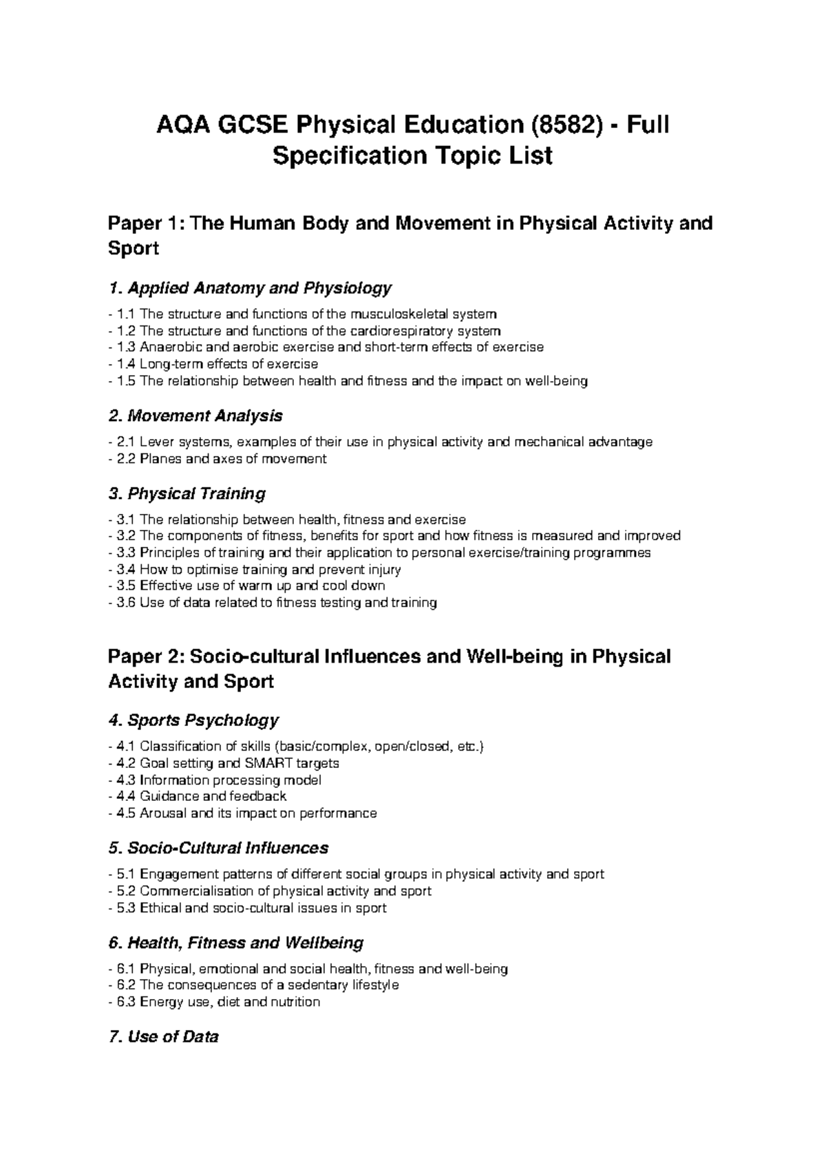 AQA GCSE PE (8582) Detailed Specification for Paper 1 & 2 - Studocu