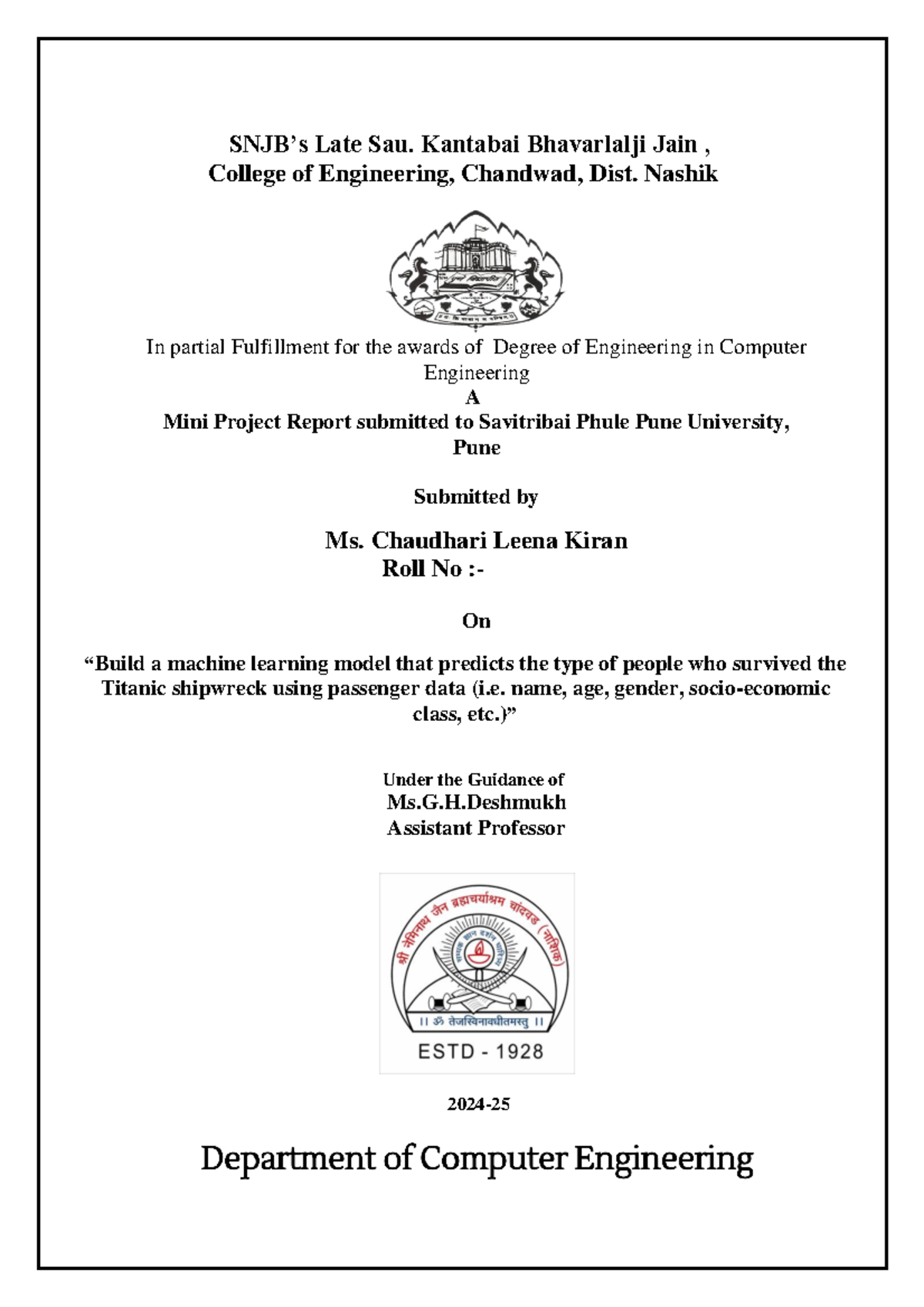 LP3 - Mini Project on ML Model for Titanic Survival Prediction - Studocu