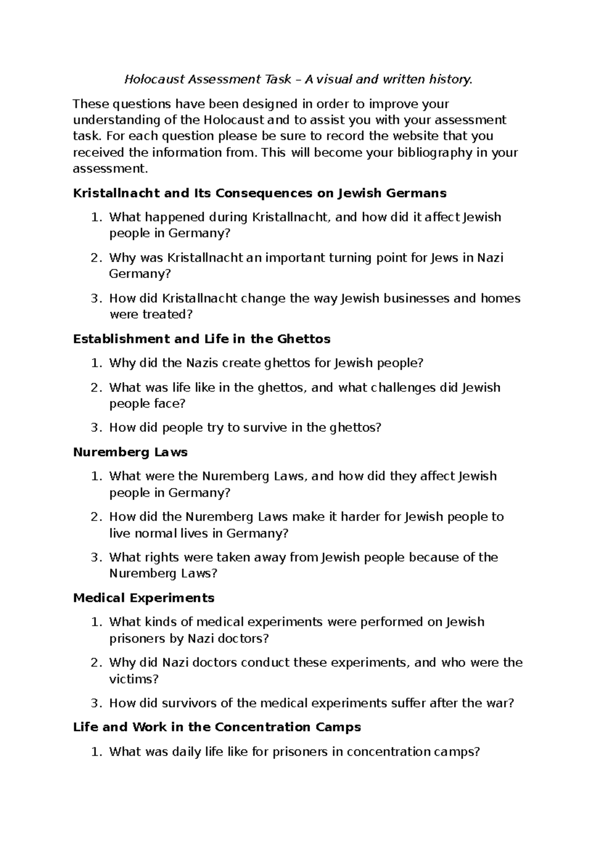Holocaust Assessment Task - These questions have been designed in order ...