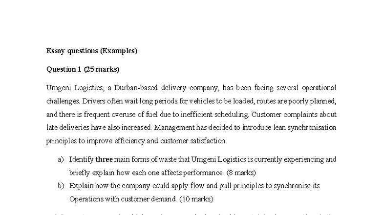 Essay Questions: Lean Principles & Quality Management (Examples) - Studocu
