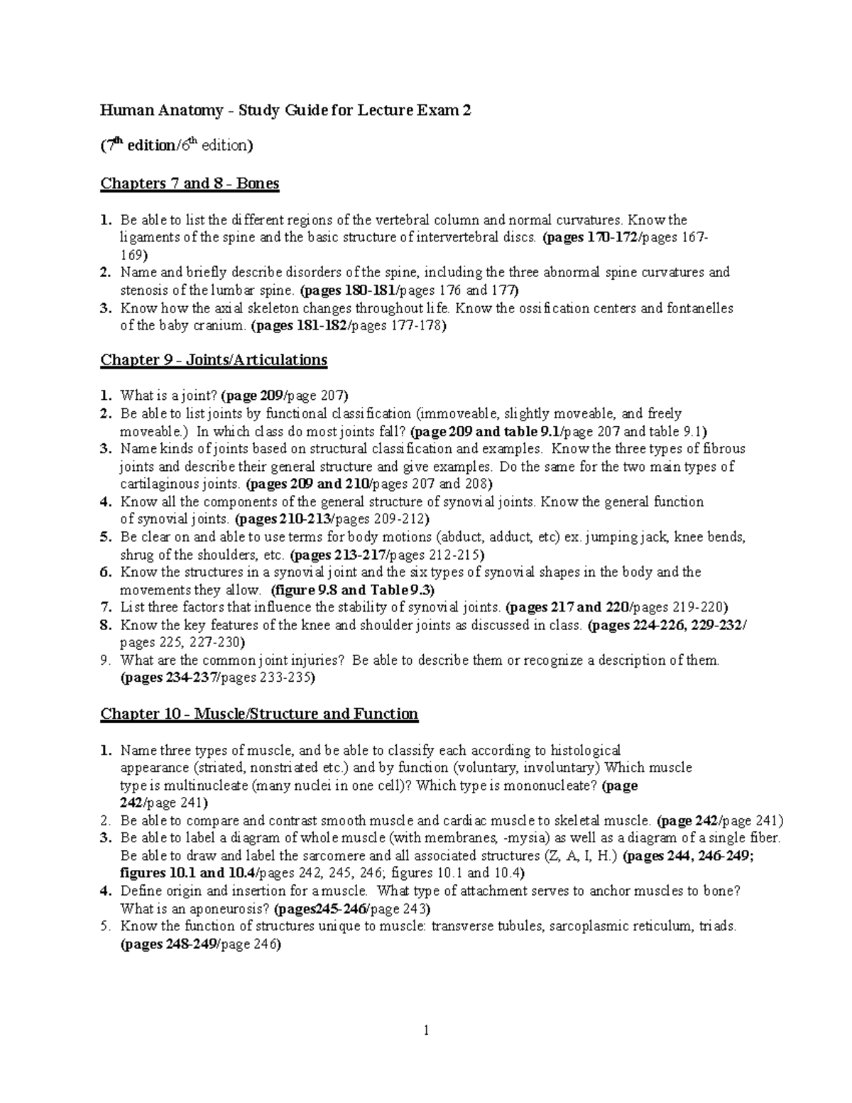 Human Anatomy Study Guide for Lecture Exam 2: Chapters 7-11 - Studocu