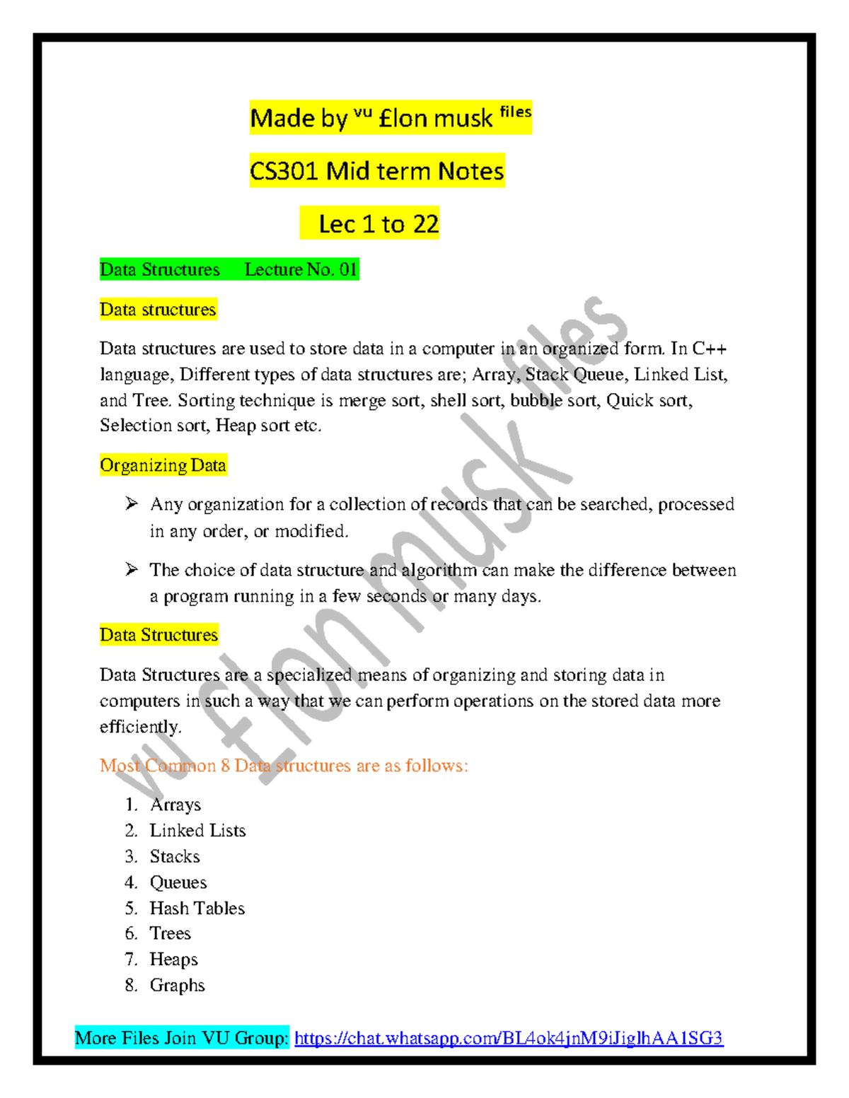 CS301 Midterm Notes: Data Structures Lectures 1-22 Overview - Studocu