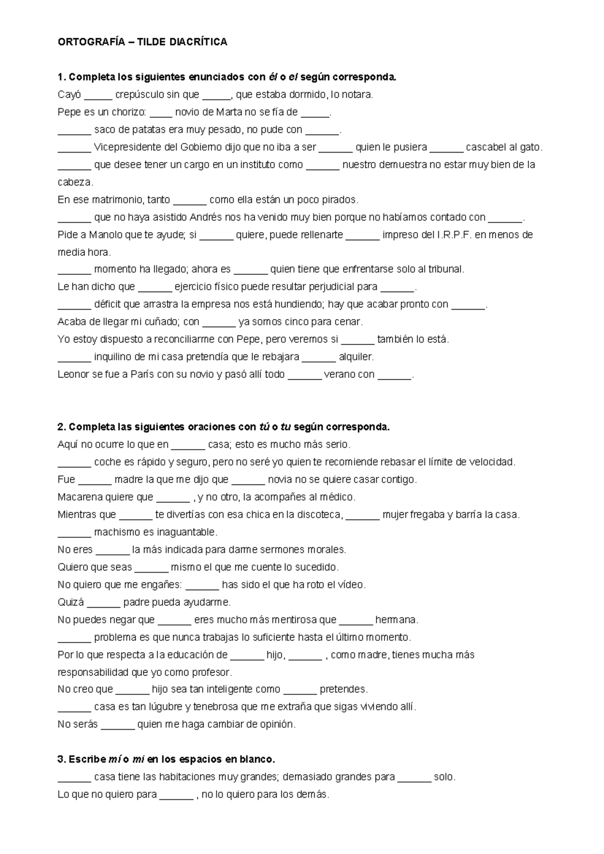 Ejercicios de Ortografía: Tilde Diacrítica (ORTO 101) - Studocu