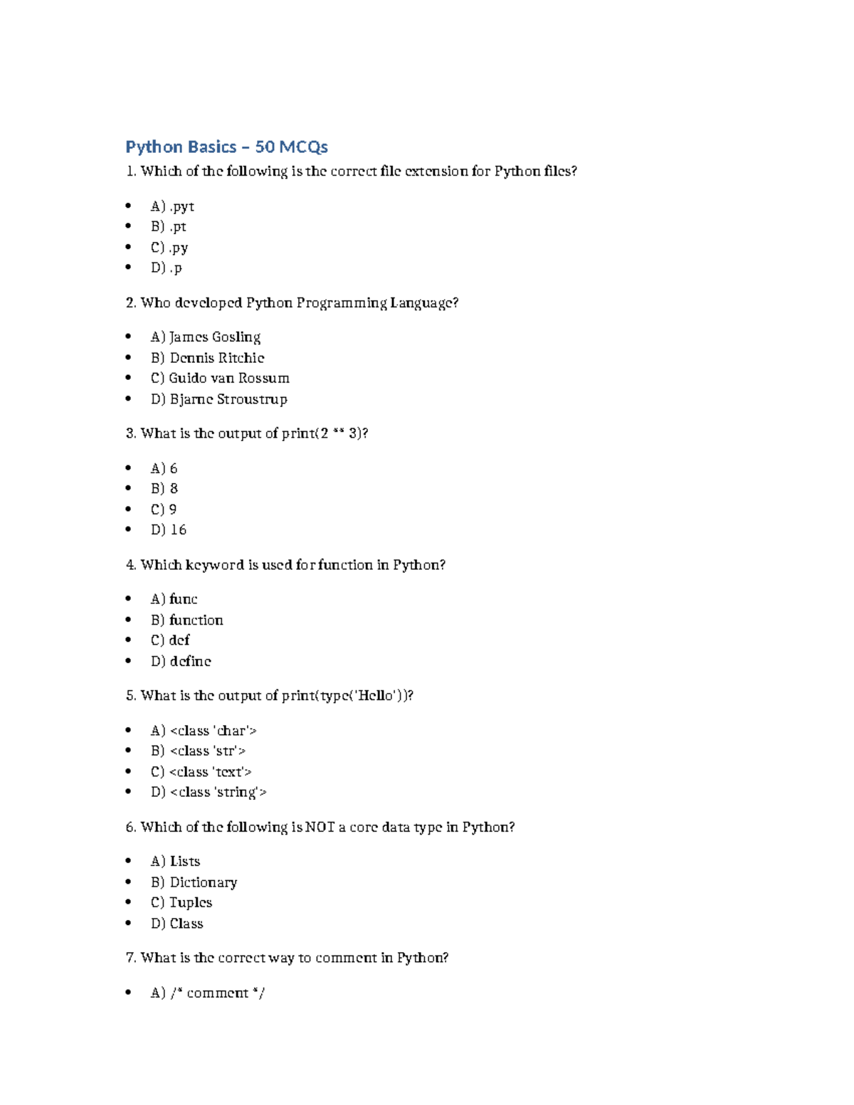 Python Basics: 50 MCQs for Introductory Course - Studocu