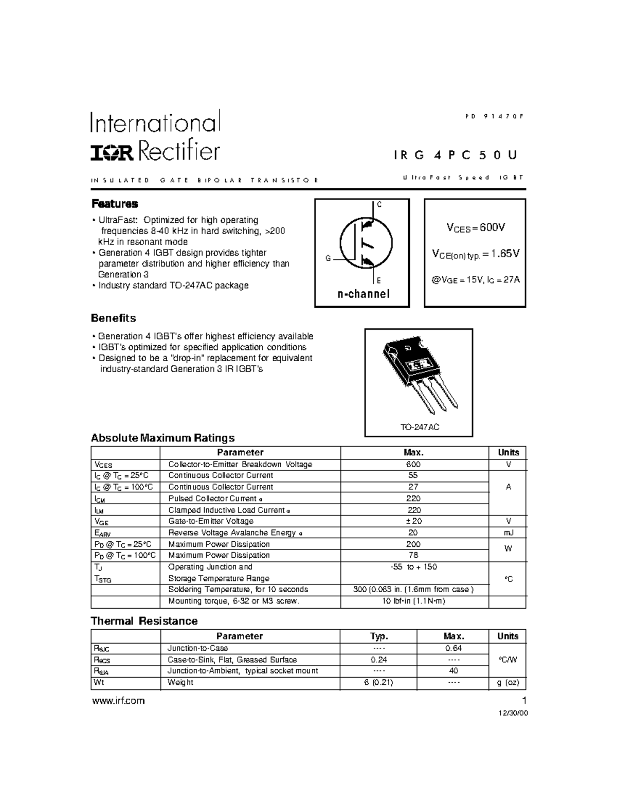 IRG4PC50U UltraFast IGBT Features and Specifications Overview - Studocu