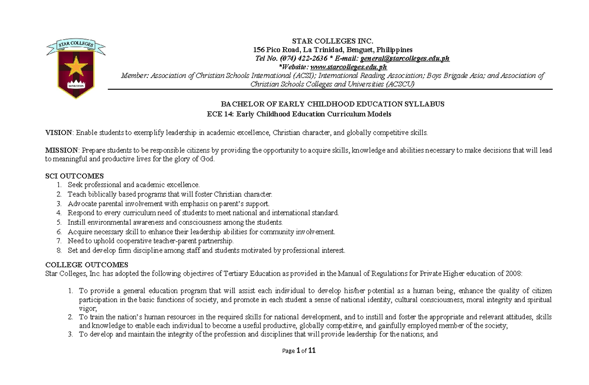 ECE 14: Early Childhood Education Curriculum Models Syllabus - Studocu