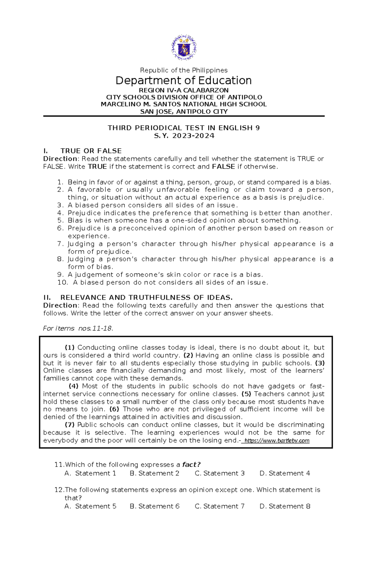 3RD Periodic TEST 2023 2024 - Republic of the Philippines Department of ...