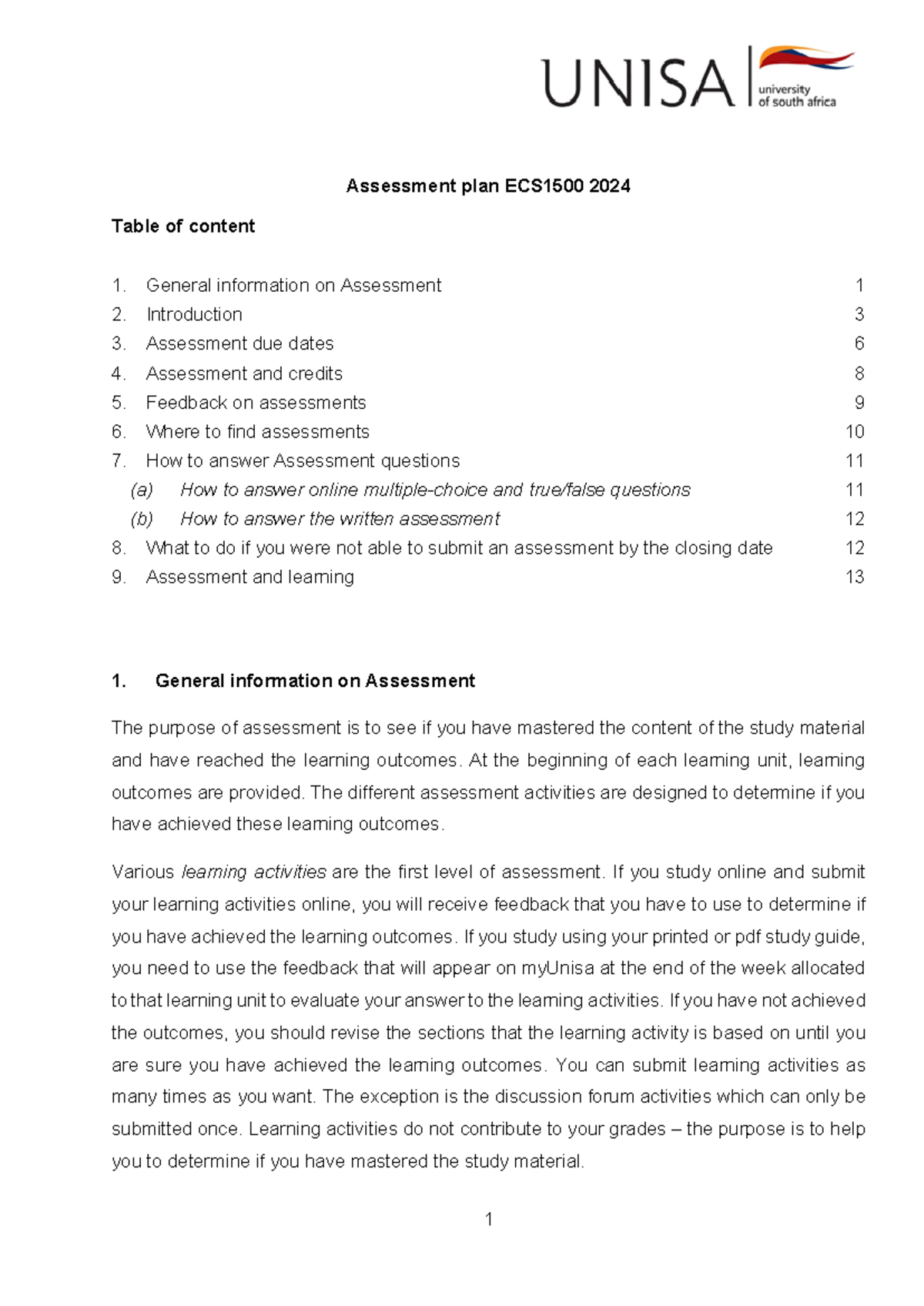 ECS1500 2024: Comprehensive Assessment Plan Overview - Studocu