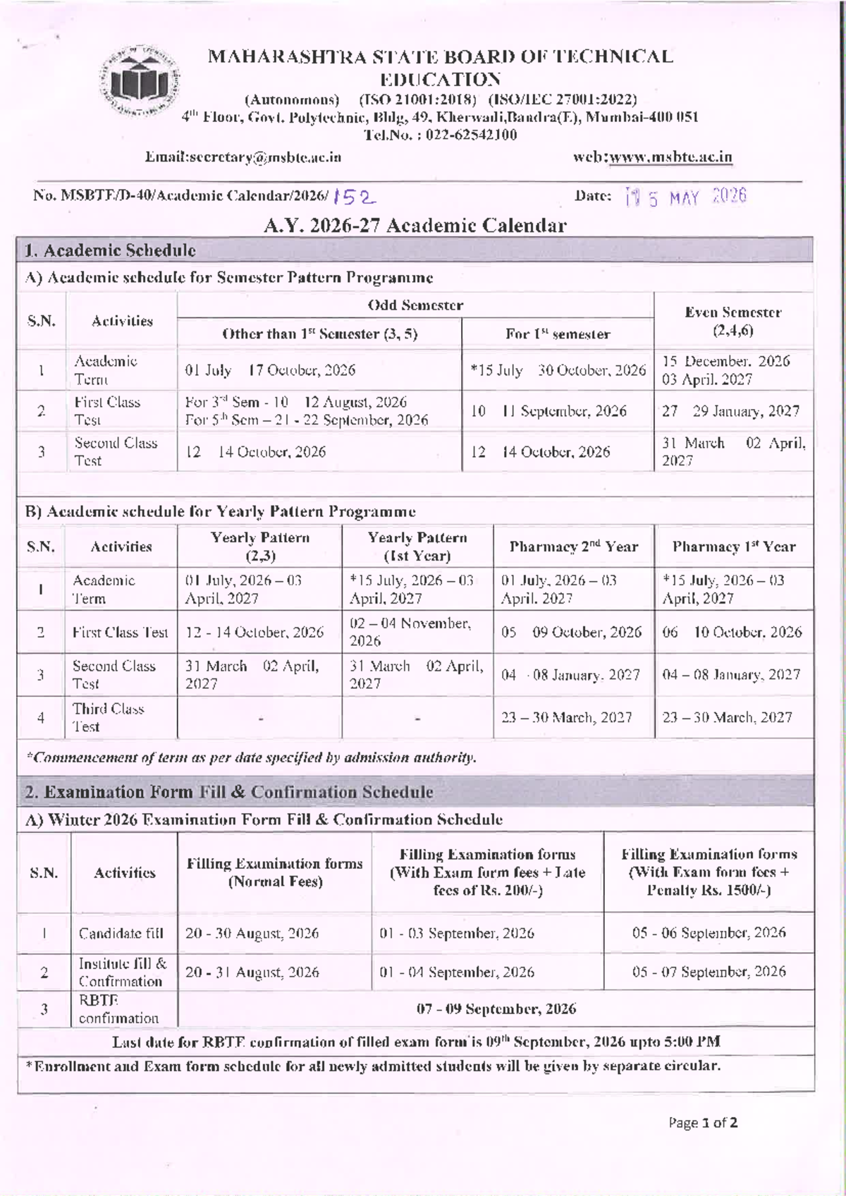 Academic Calendar & Exam Schedule for AY 2026 - Maharashtra State Board ...
