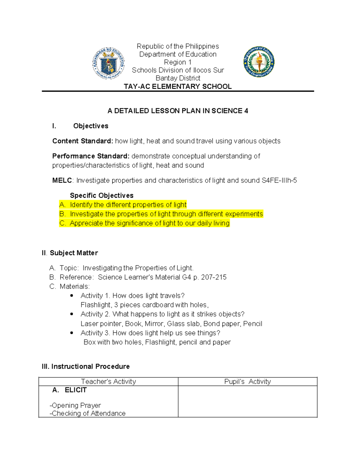576191298 Detailed Lesson Plan: Investigating Properties of Light - Studocu