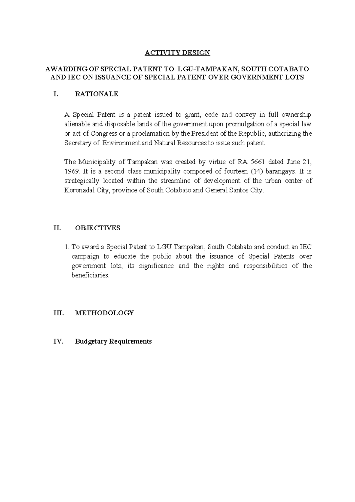 ACTIVITY DESIGN: SPECIAL PATENT AWARD TO SOUTH COTABATO - Studocu