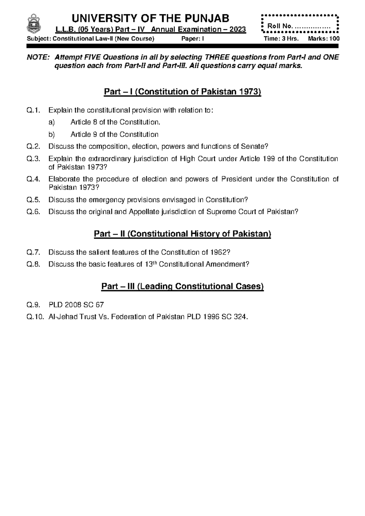 LLB PIV 5Year Paper 1 - bhh - NOTE: Attempt FIVE Questions in all by selecting THREE questions ...