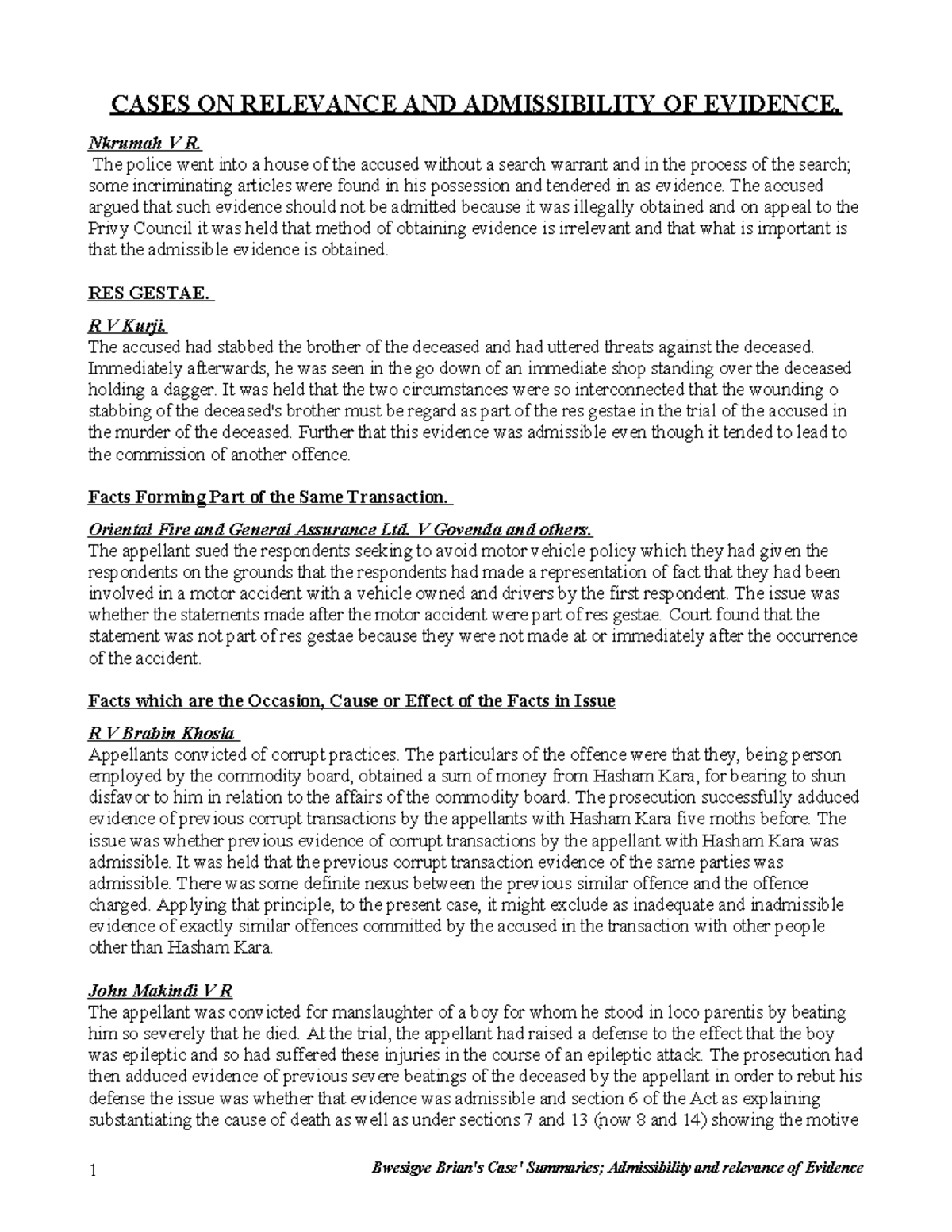 Admissibility & Relevance of Evidence: Case Summaries and Analysis ...