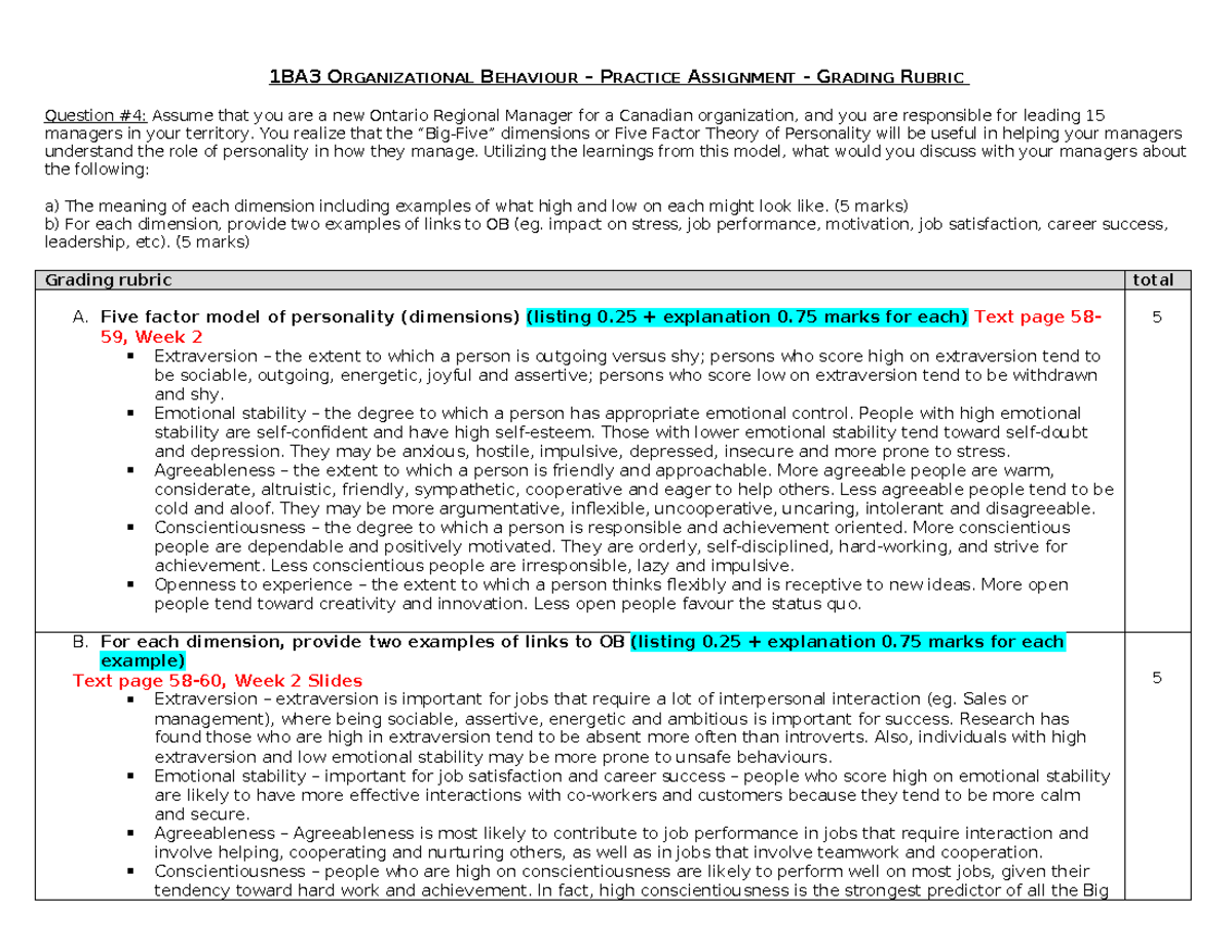 1BA3 ORGANIZATIONAL BEHAVIOUR PRACTICE ASSIGNMENT RUBRIC - Studocu