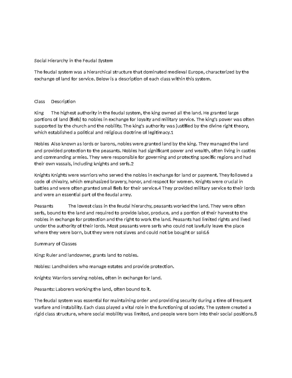 Feudal System Hierarchy: Class Roles and Descriptions - Studocu