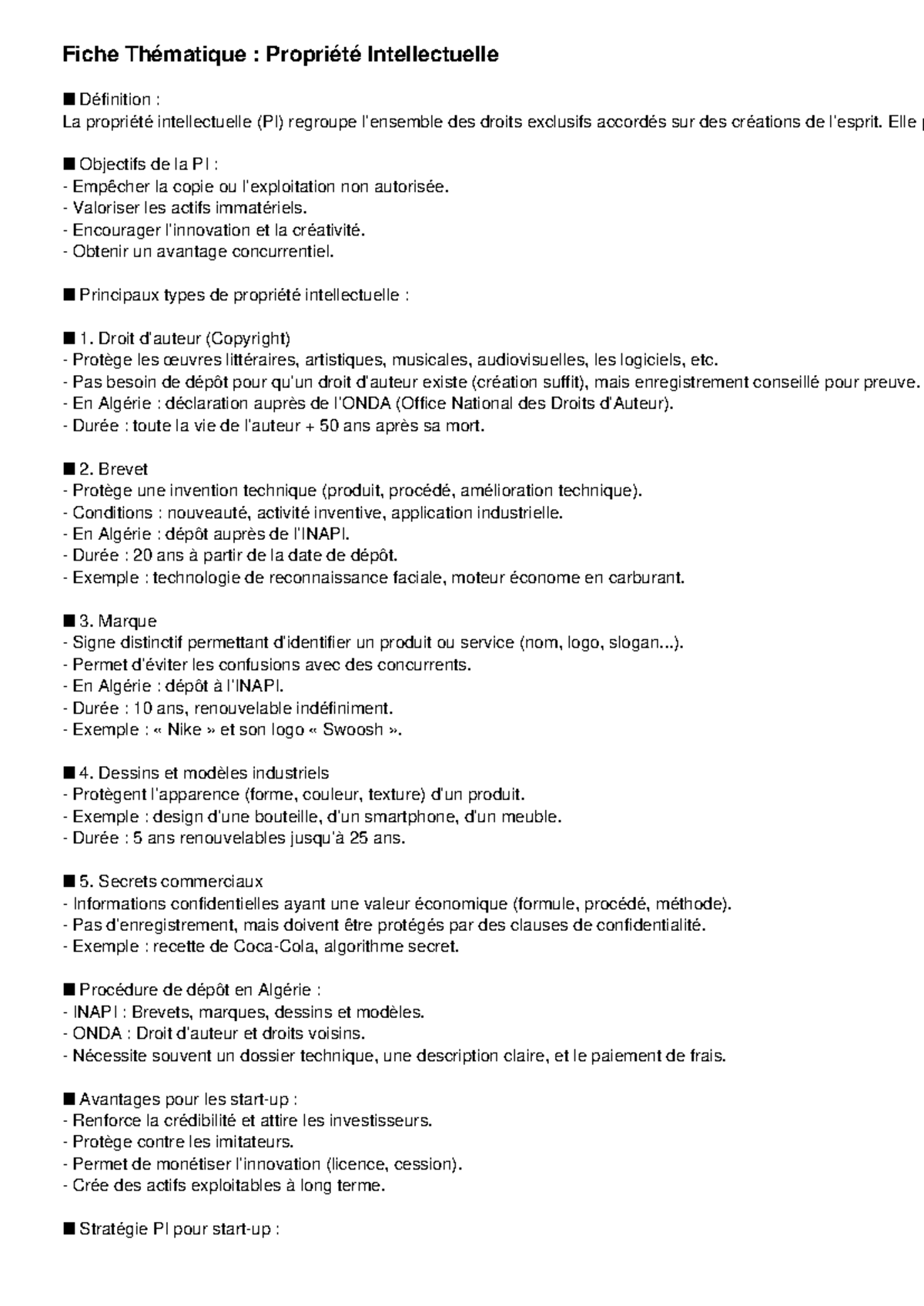 Fiche Thématique : Propriété Intellectuelle et Ses Objectifs en Algérie ...