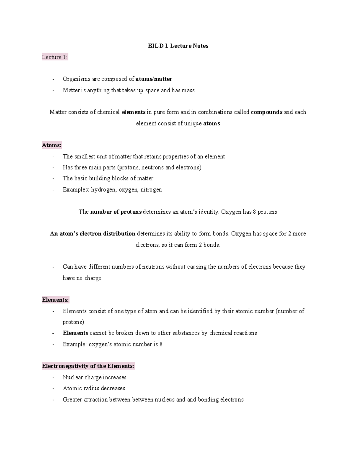 BILD 1 Lecture Notes: Introduction to Matter and Atoms - Studocu